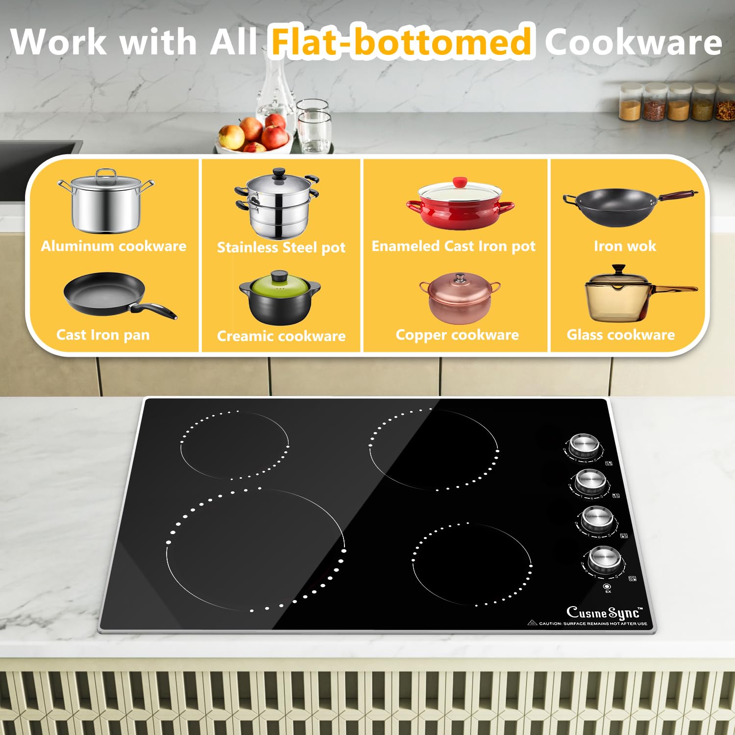Cusinesync 30 Inch Electric Cooktop, 4 Burner Built-in Electric Stove Top with 9 Power Levels, Knob Control, Auto shutdown and Residual Heat Warning, 7200W, 220-240V for Hard Wire
