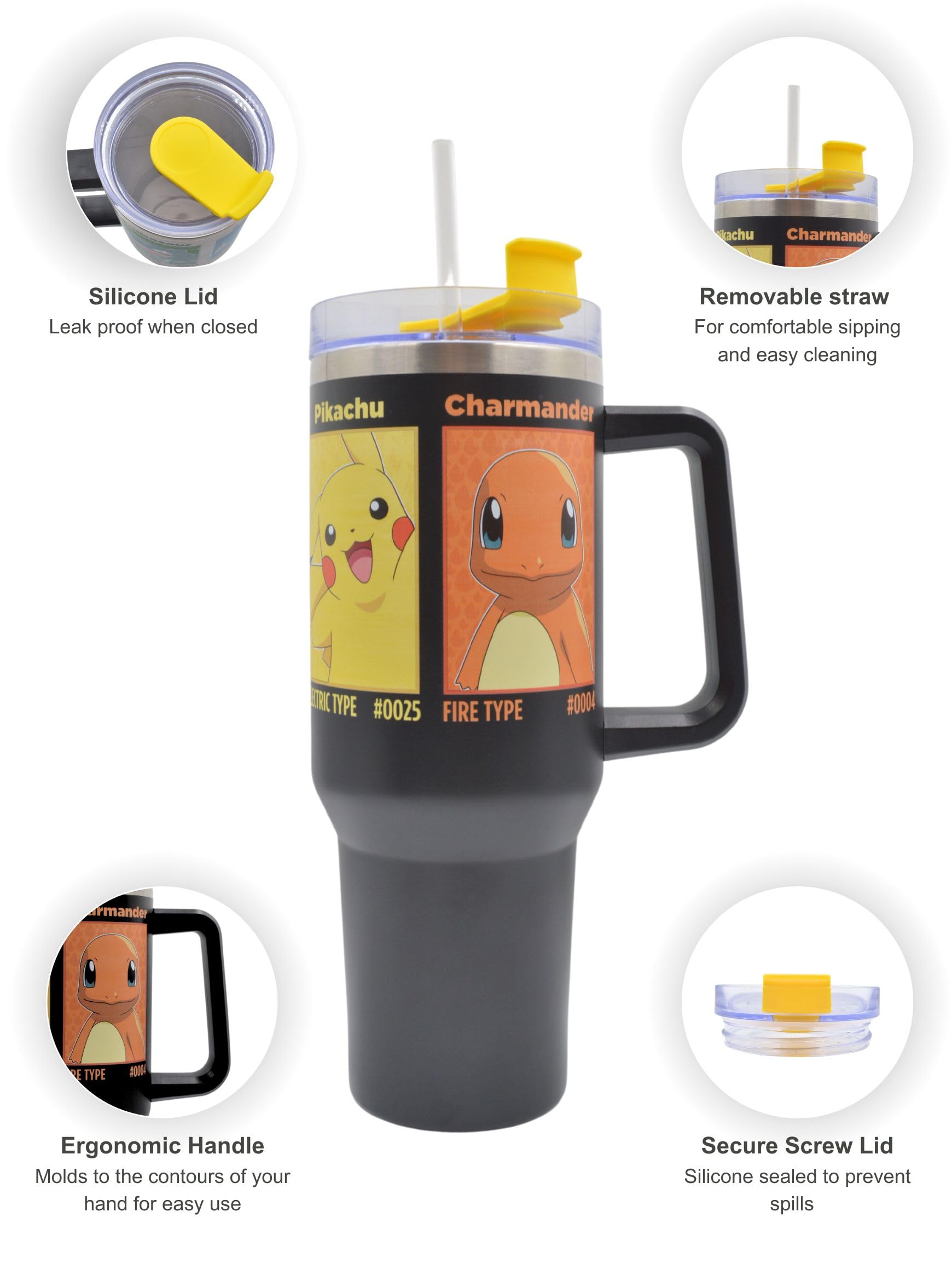 Pokemon 40oz (1200ml) Insulated Tumbler Stainless Steel Cup with Straw and Handle for Water, Iced Tea, Coffee or Smoothie