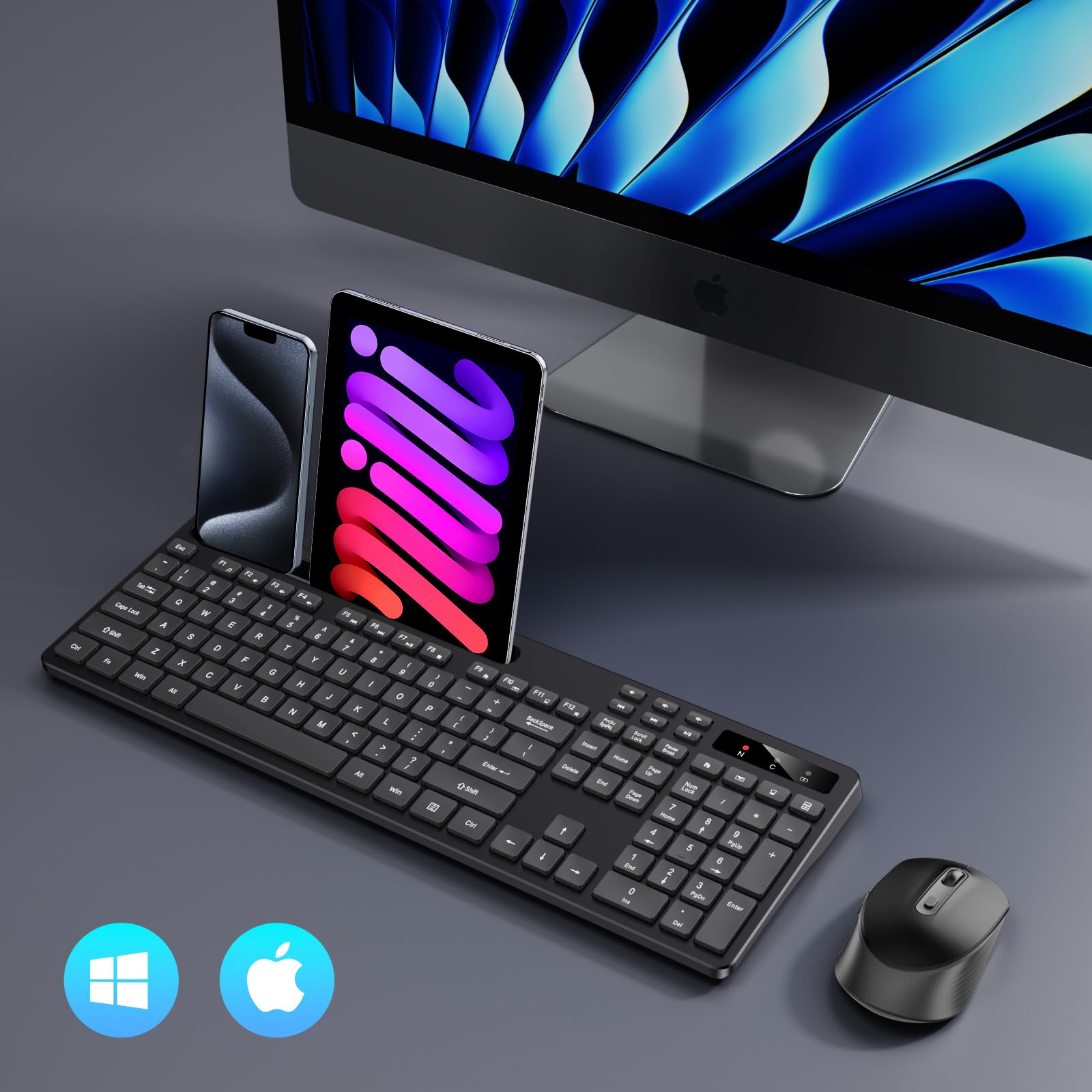 Wireless Keyboard and Mouse Combo, Soueto 2.4G Full-Sized Computer Keyboard with Phone Tablet Holder, 22 Multimedia Shortcuts, Numeric Keypad, 6 Button Silent Mouse for Windows, Mac (Space Black)