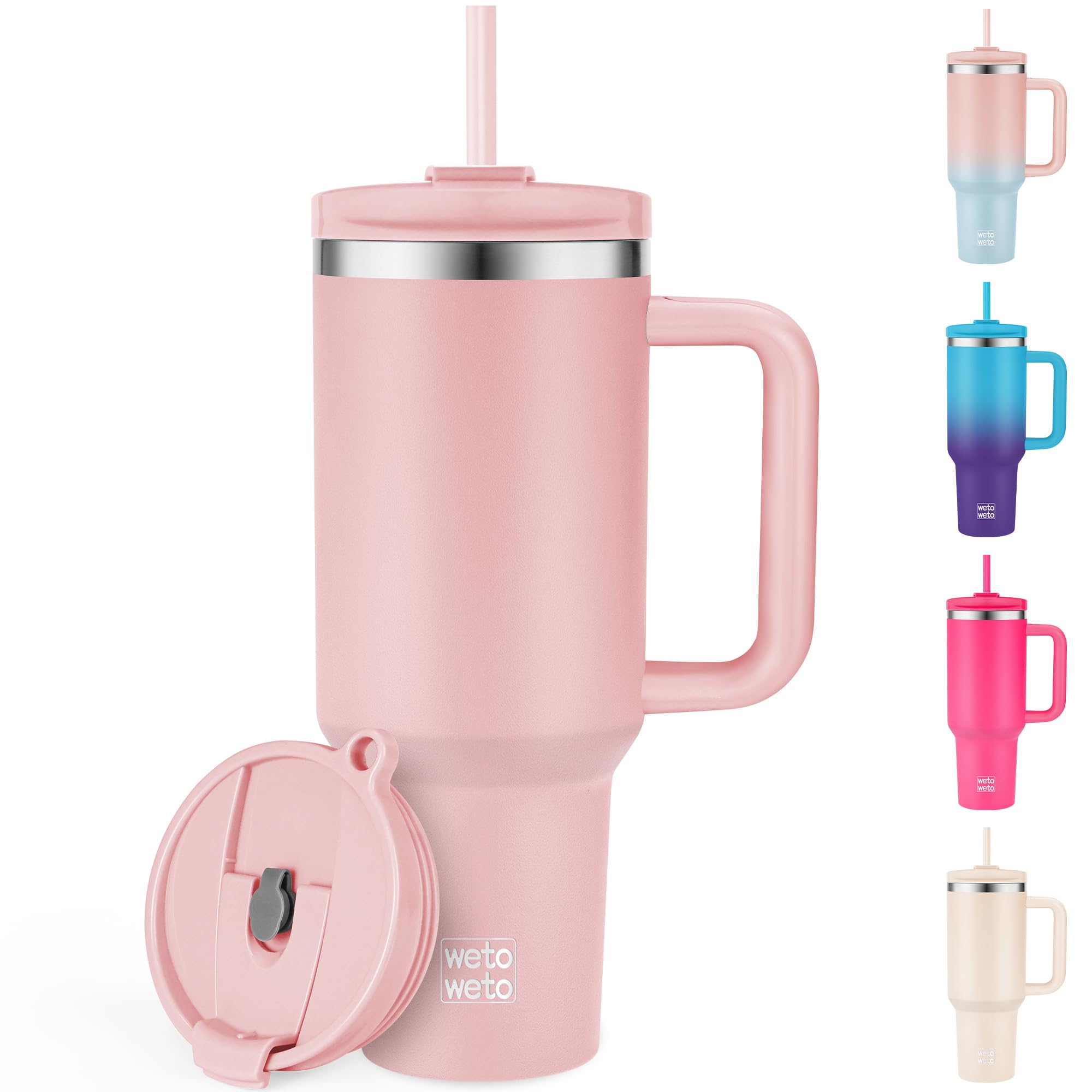 WETOWETO 40oz Tumbler with Handle and Lid | 100% Leakproof Insulated Stainless Steel Travel Mug | Keeps Cold 34Hrs/Hot 10Hrs | Dishwasher Safe, Fits Car Cup Holder (Blush Color)