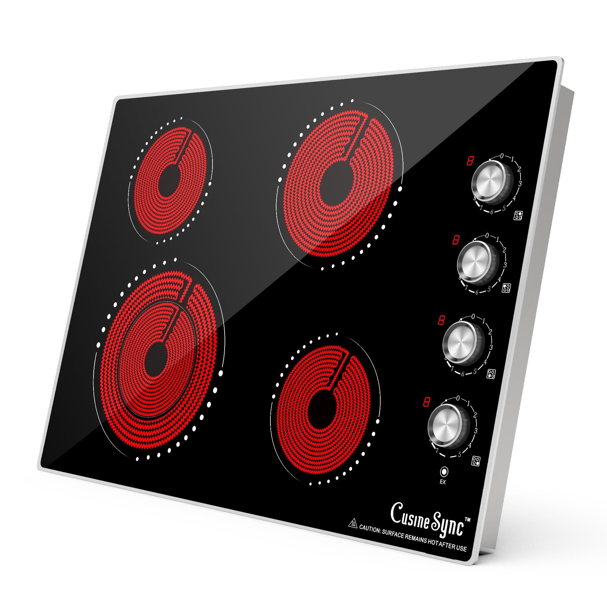 Cusinesync 30 Inch Electric Cooktop, 4 Burner Built-in Electric Stove Top with 9 Power Levels, Knob Control, Auto shutdown and Residual Heat Warning, 7200W, 220-240V for Hard Wire