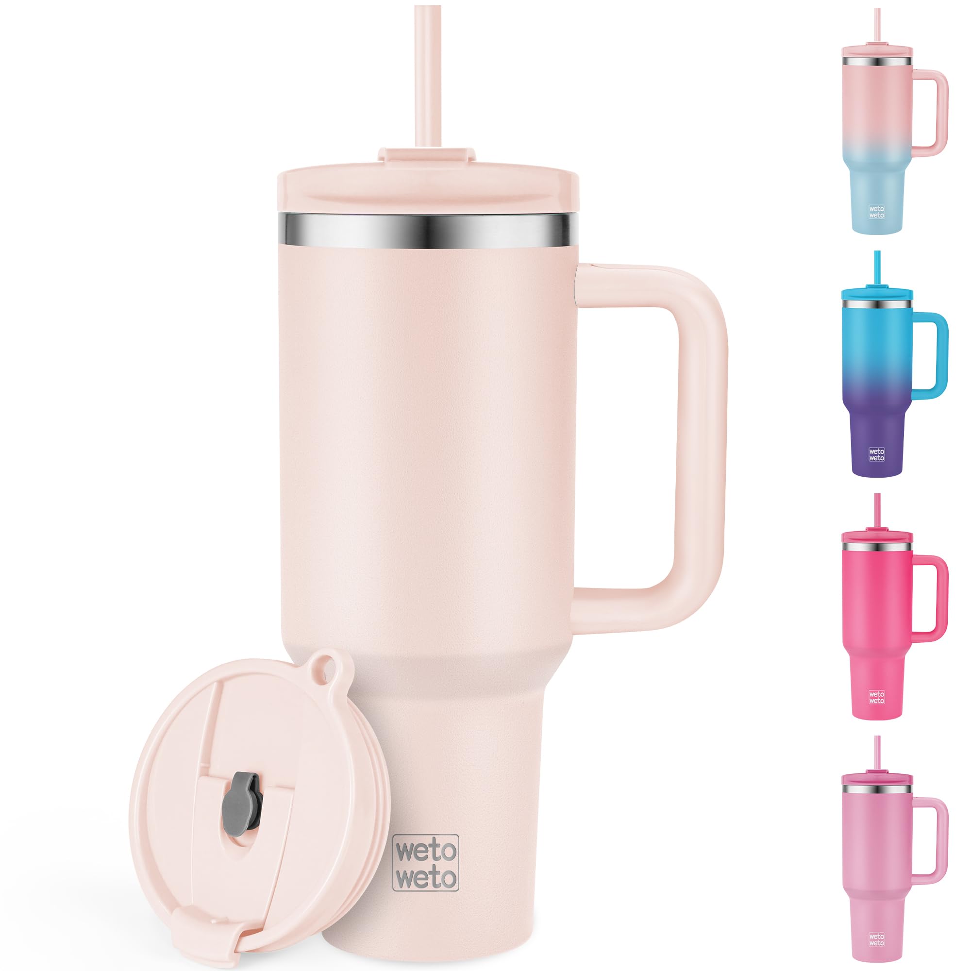 WETOWETO 40oz Tumbler with Handle and Lid | 100% Leakproof Insulated Stainless Steel Travel Mug | Keeps Cold 34Hrs/Hot 10Hrs | Dishwasher Safe, Fits Car Cup Holder (Rose Quartz Color)