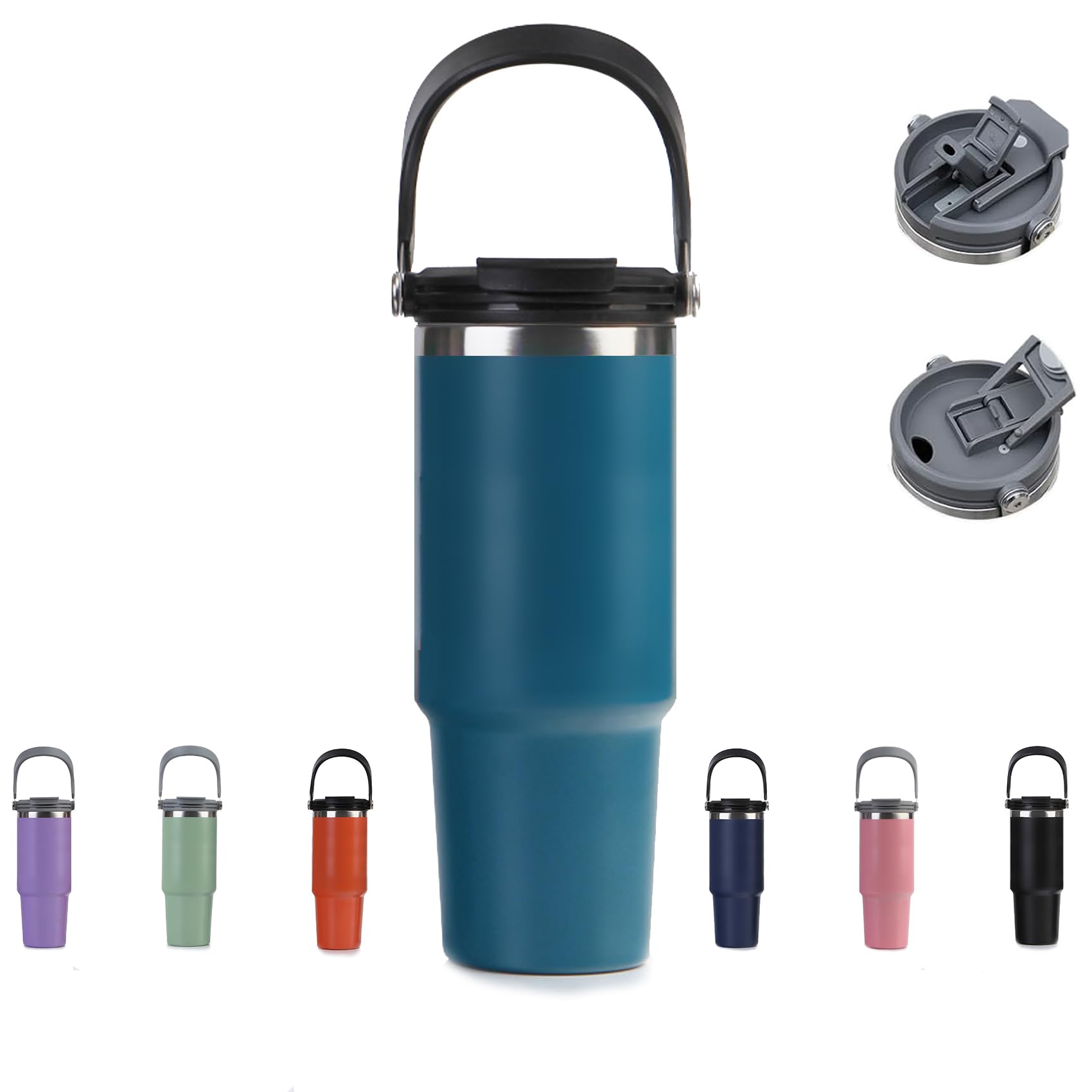 Insulated Straw Mug, 30 oz Anti-Leak Tumbler with 3-Way Lid: Sip, Straw, or Pour - Stainless Steel Travel Coffee Mug Fit Cupholder with Easy-to-carry Handle (Lake Blue)