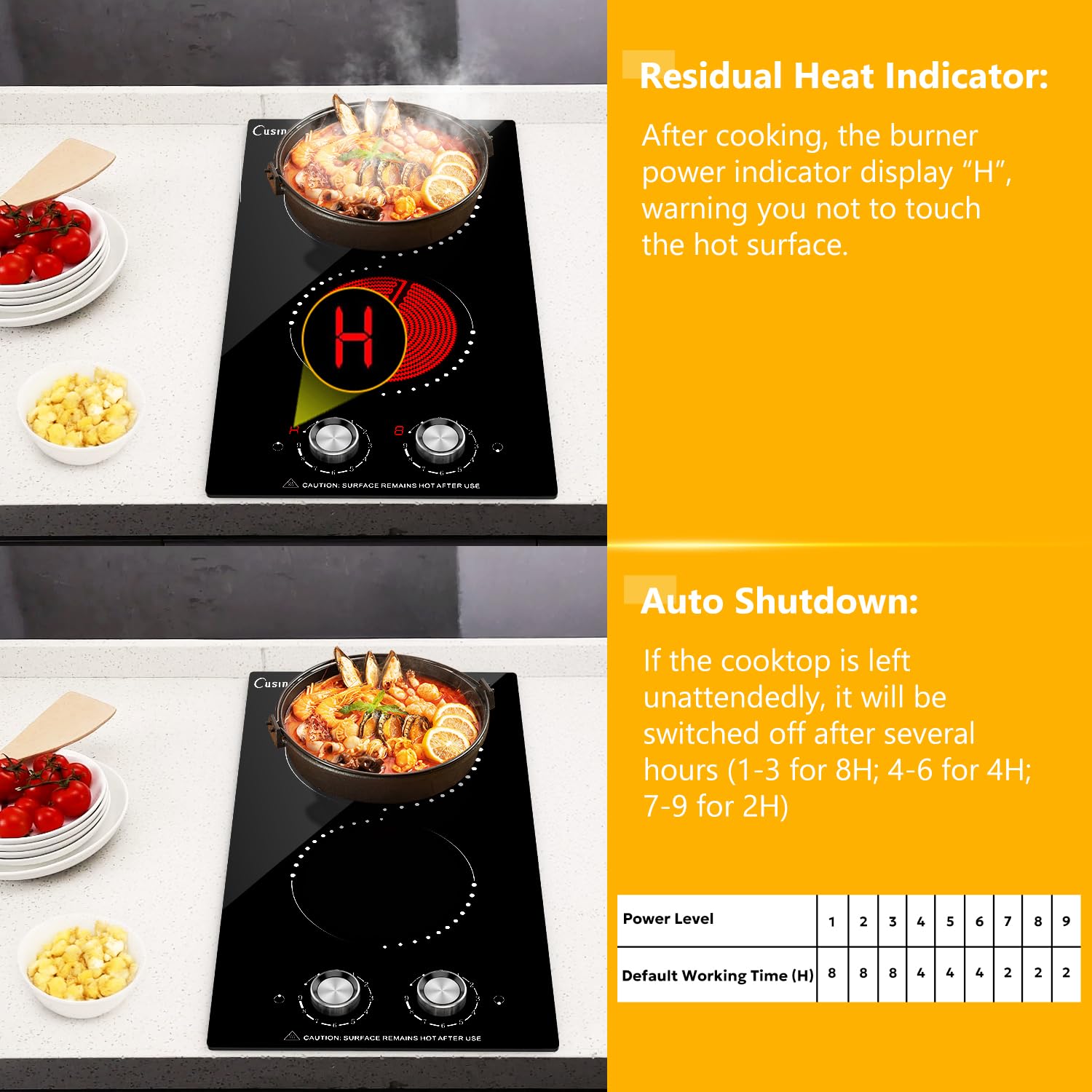 Cusinesync 12 Inch Electric Cooktop, 2 Burner Electric Stove Top with 9 Power Levels, Knob Control, Auto shutdown and Residual Heat Warning, 2000W, Ideal for Countertop & Built-In Use (110-120V)