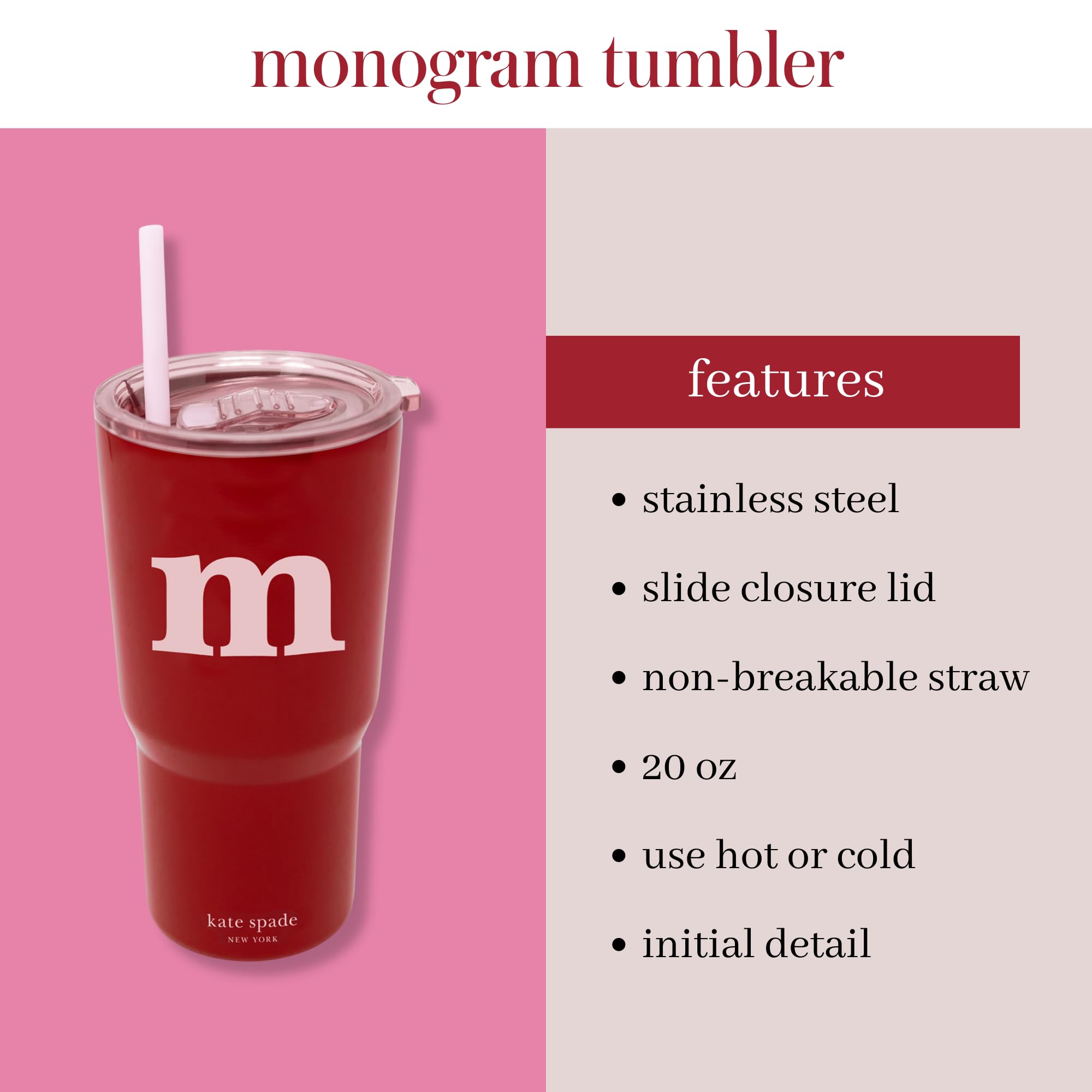 kate spade new york 20 Ounce Insulated Initial Tumbler for Cold and Hot Drinks with Reusable Straw, Stainless Steel Travel Cup with Slide Top Lid (M)
