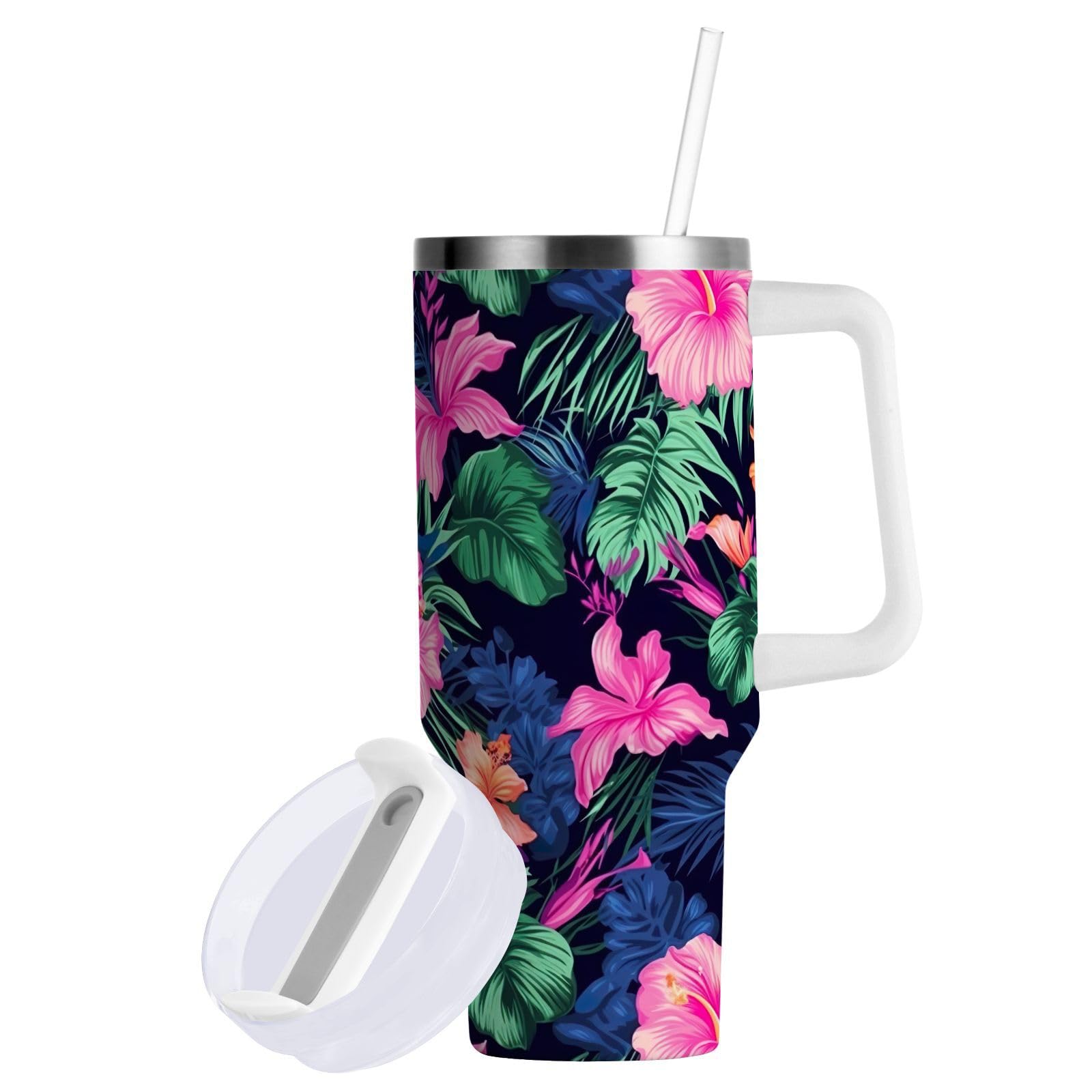 YKZEYK Tropical Floral Hibiscus 40 OZ Tumbler with Handle And Straw Insulated Tumblers Coffee Mug Travel Cup Cups with Lids And Straws Coffee Tumbler