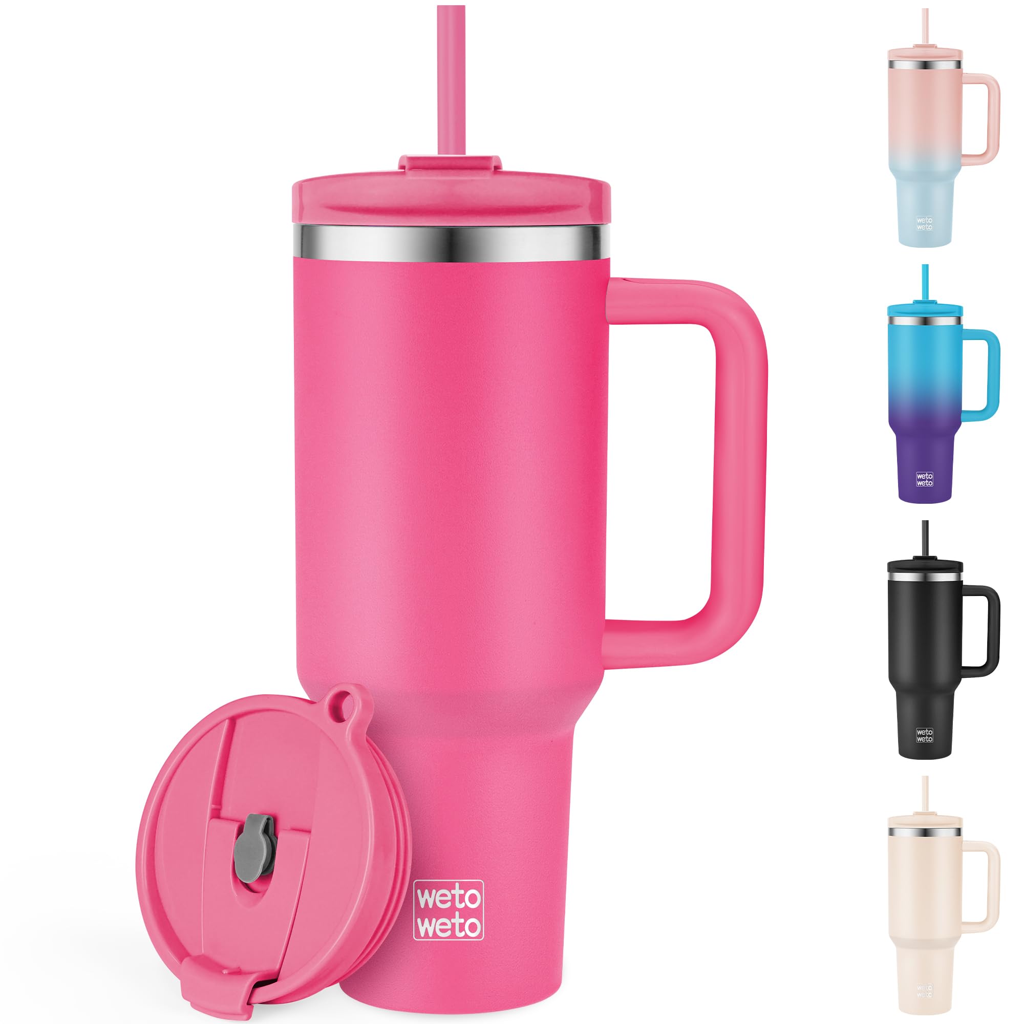 WETOWETO 40oz Tumbler with Handle | Insulated Stainless Steel Travel Mug | 34Hrs Cold & 10Hrs Hot Retention | 100% Leakproof Lid & Straw | Dishwasher Safe + Car Cup Holder Fit (Bright Pink)