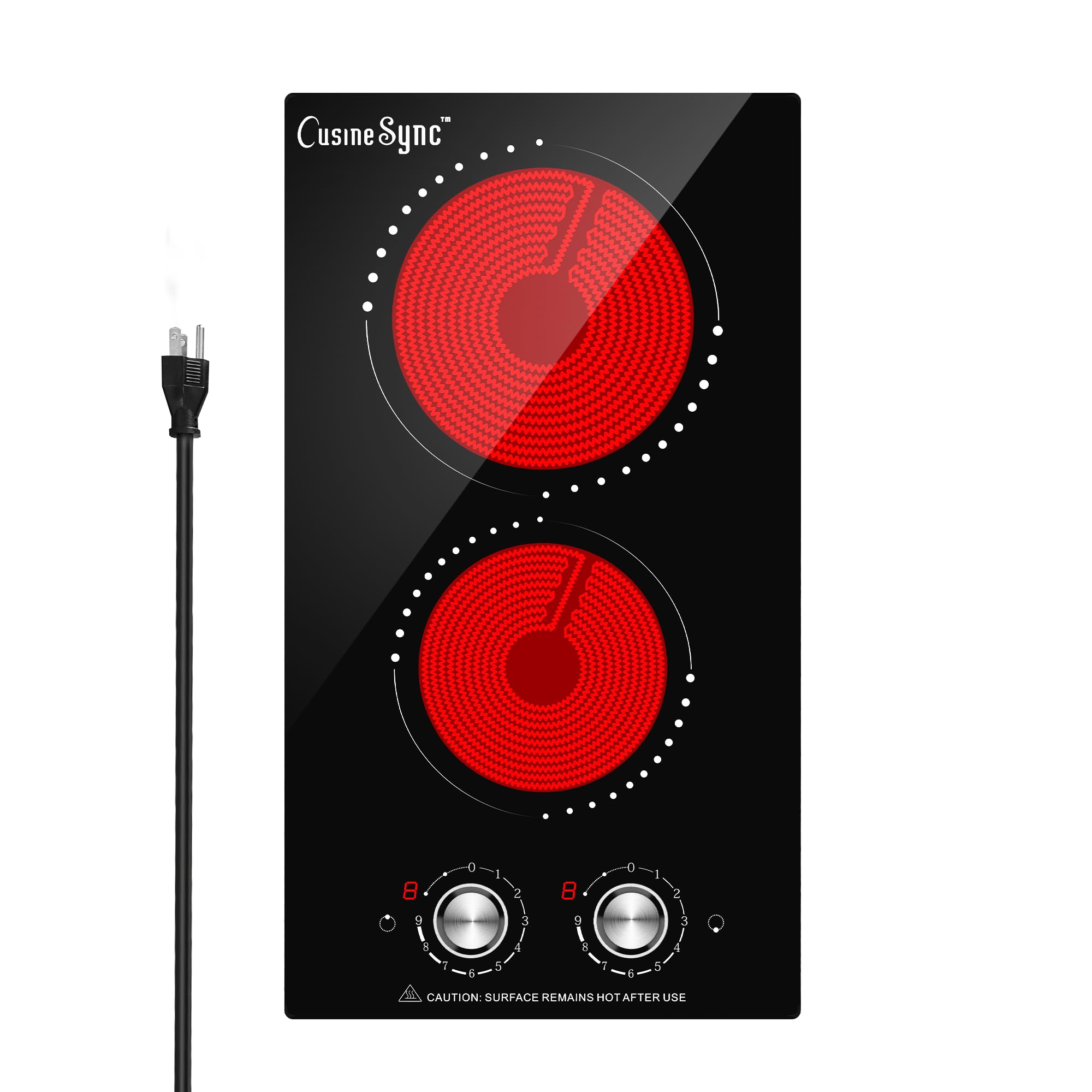 Cusinesync 12 Inch Electric Cooktop, 2 Burner Electric Stove Top with 9 Power Levels, Knob Control, Auto shutdown and Residual Heat Warning, 2000W, Ideal for Countertop & Built-In Use (110-120V)