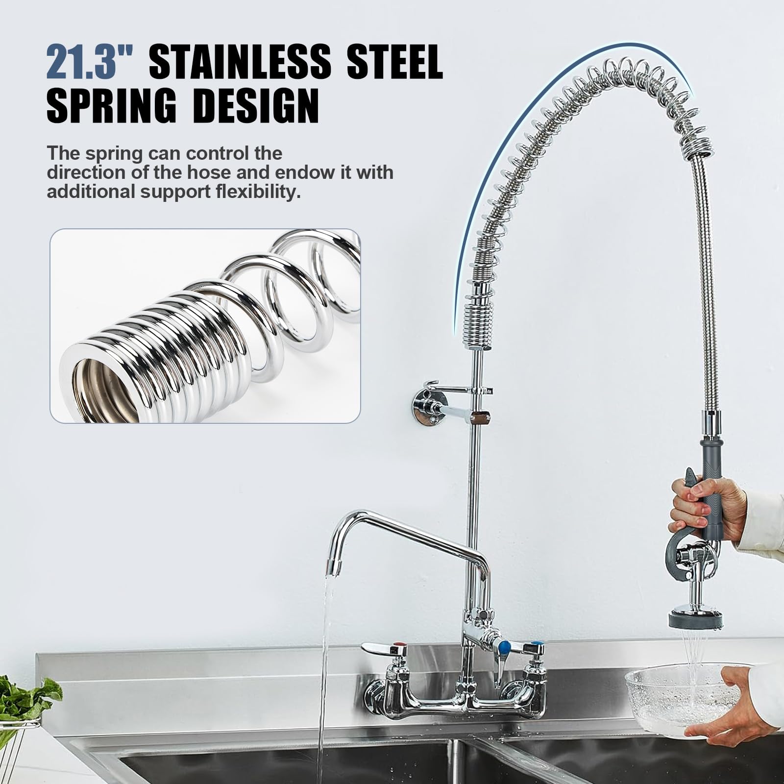 45" Commercial Sink Sprayer Hose, 45 Inch Pre Rinse Hose with Stainless Steel Spring & Heat Resistant Handle, Sink Hose Spring Replacement for Commercial Restaurant Industrial Kitchen Sink Faucet