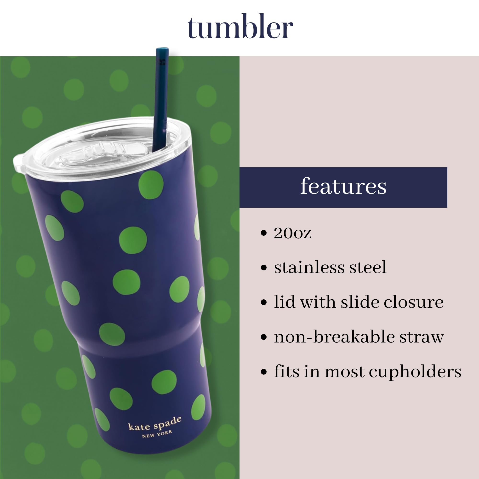 kate spade new york 20 Ounce Insulated Tumbler for Cold and Hot Drinks with Reusable Straw, Stainless Steel Travel Cup with Slide Top Lid, Sonnet Dot