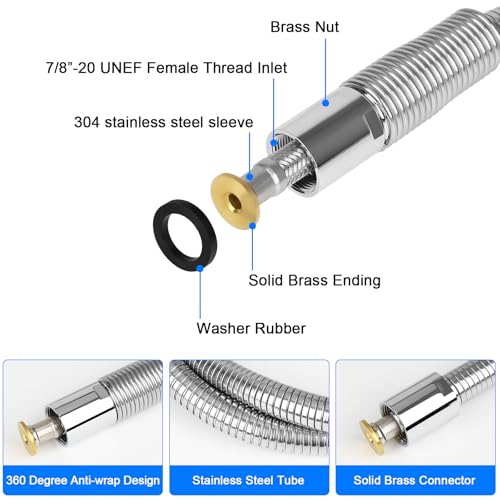 KWODE 60” Commercial Pre-rinse Sprayer Hose Replacement Parts for Pre Rinse Faucet, Flexible Stainless Steel Dish Spray Hose for Restaurant Industrial Kitchen Faucets