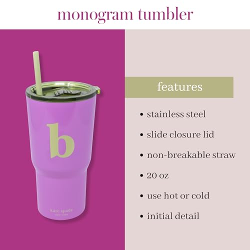 kate spade new york 20 Ounce Insulated Initial Tumbler for Cold and Hot Drinks with Reusable Straw, Stainless Steel Travel Cup with Slide Top Lid (B)