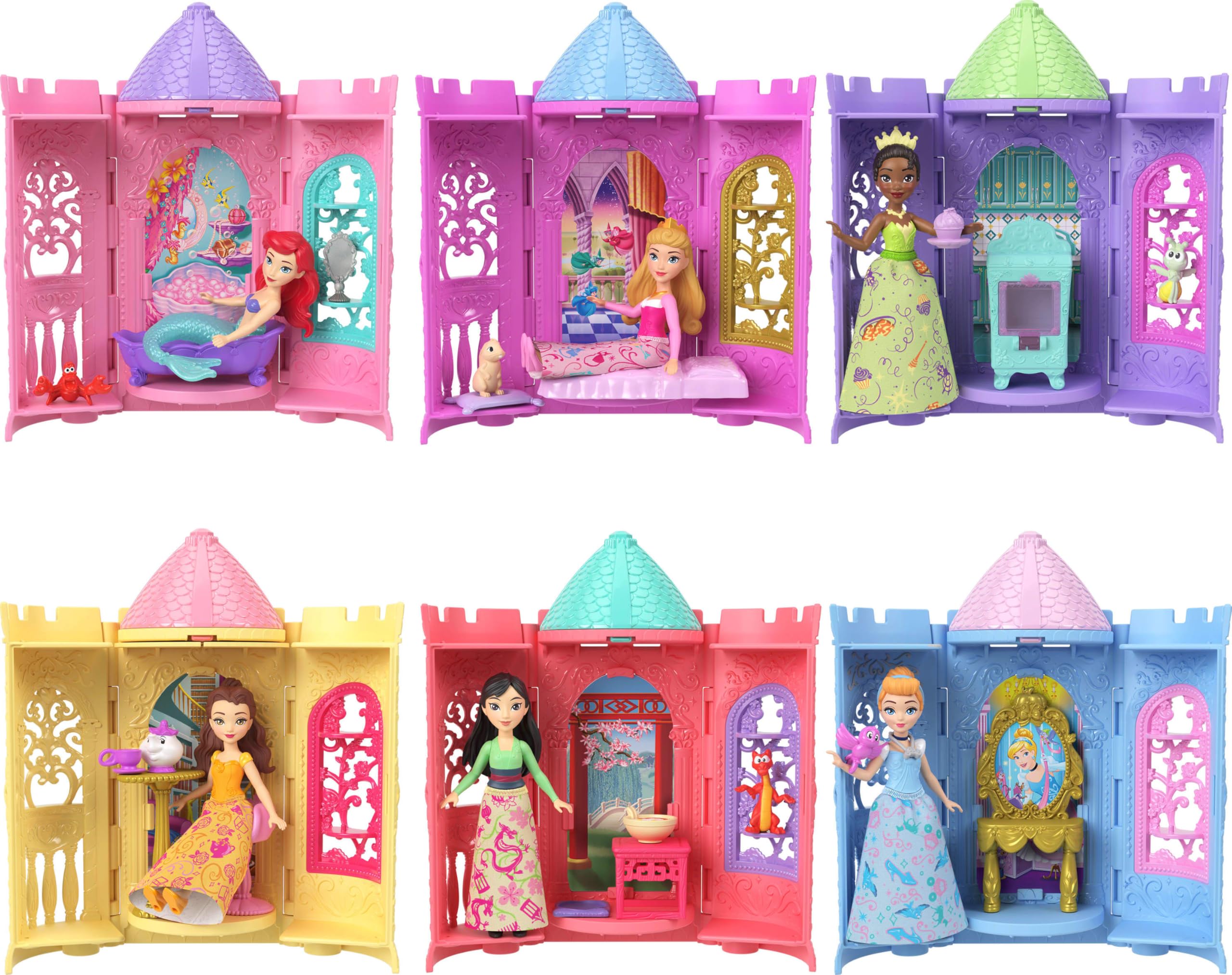 Mattel Disney Princess Tower Surprise Small Dolls & Accessories, Stacking Playsets with 4 Surprises & Friend from Disney Movies (Styles May Vary)