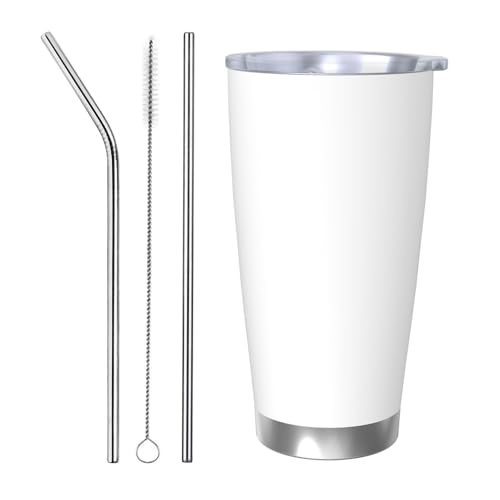 Custom Tumbler 20OZ Stainless Steel, Personalized Stainless Steel Drinking Tumblers with Lid Straw Three-piece set, Customized Travel Cup Mug with Food grade Stainless Steel, PureWhite