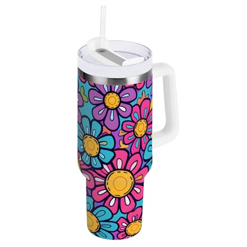 30 oz Colorful Hippie Style Flower Insulated Tumbler with Handle, Stainless Steel Vacuum Water Bottles with Lid and Straw for Water, Iced Tea or Coffee
