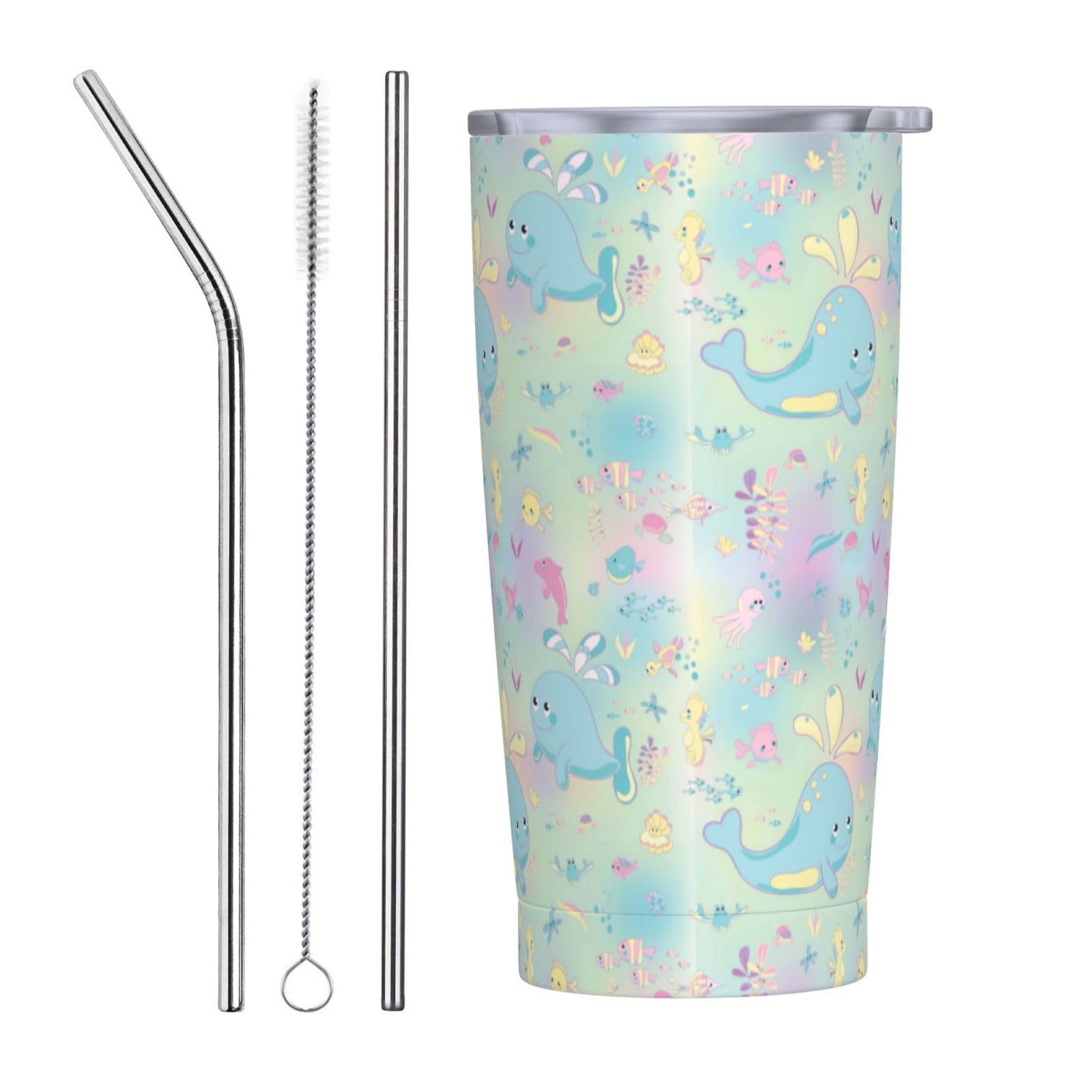 20oz Tumbler Cartoon Marine Animal Double Wall Vacuum Insulated Coffee Mug with Lid and Metal Straw Brush Reusable Stainless Steel Water Bottle Travel Cup Gifts for Car Ice Drinks Hot Beverage