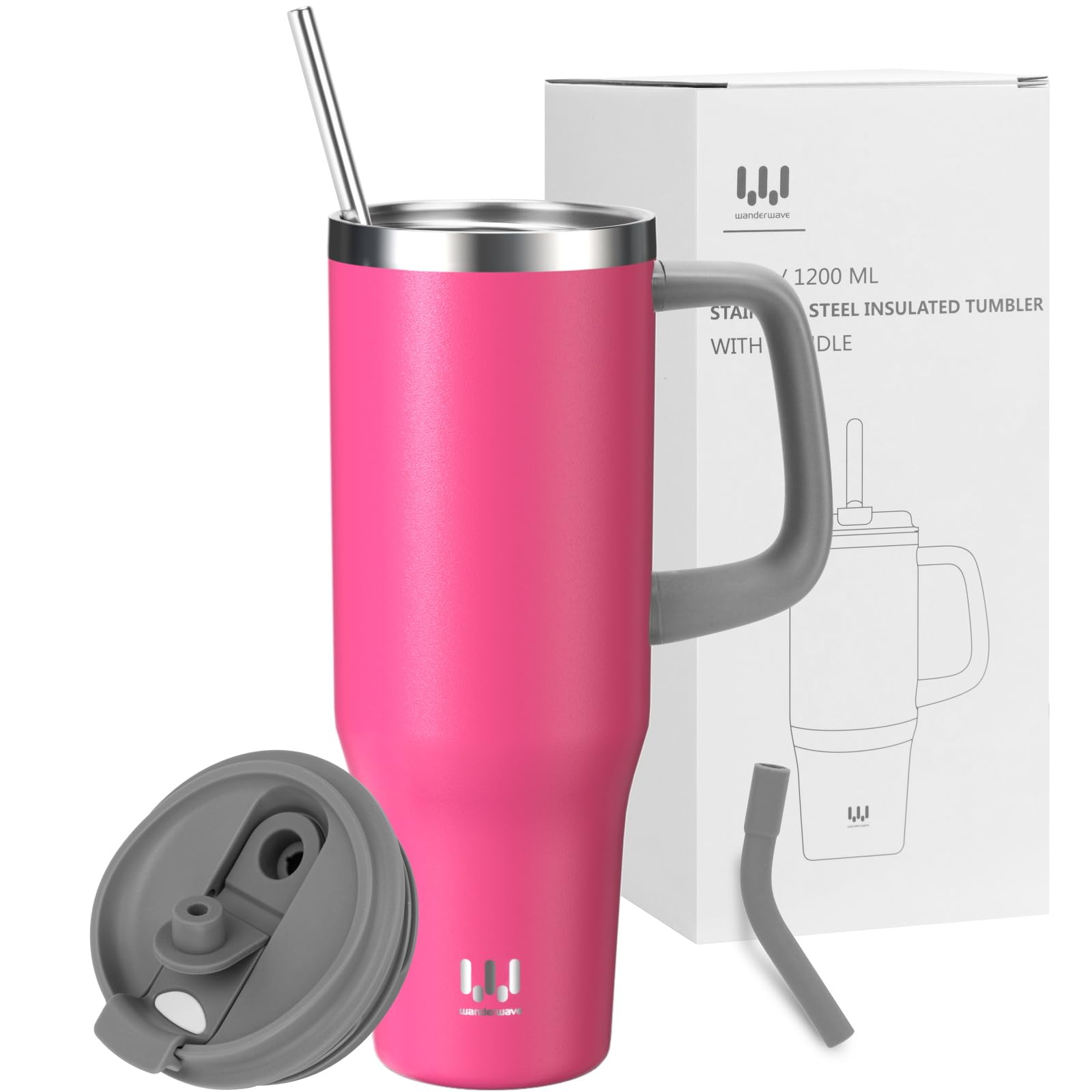 40 oz Insulated Tumbler with Handle, Stainless Steel Straw and silicone sleeves, Leakproof Travel Mug for Water, Iced Tea or Coffee, Insulated Cup Gifts for Women & Men, Strawberry Red