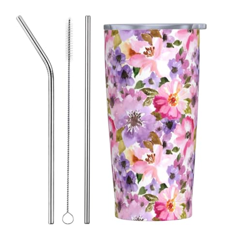 20oz Tumbler Watercolor Flower Pattern Double Wall Vacuum Insulated Coffee Mug with Lid and Metal Straw Brush Reusable Stainless Steel Water Bottle Travel Cup Gifts for Car Ice Drinks Hot Beverage