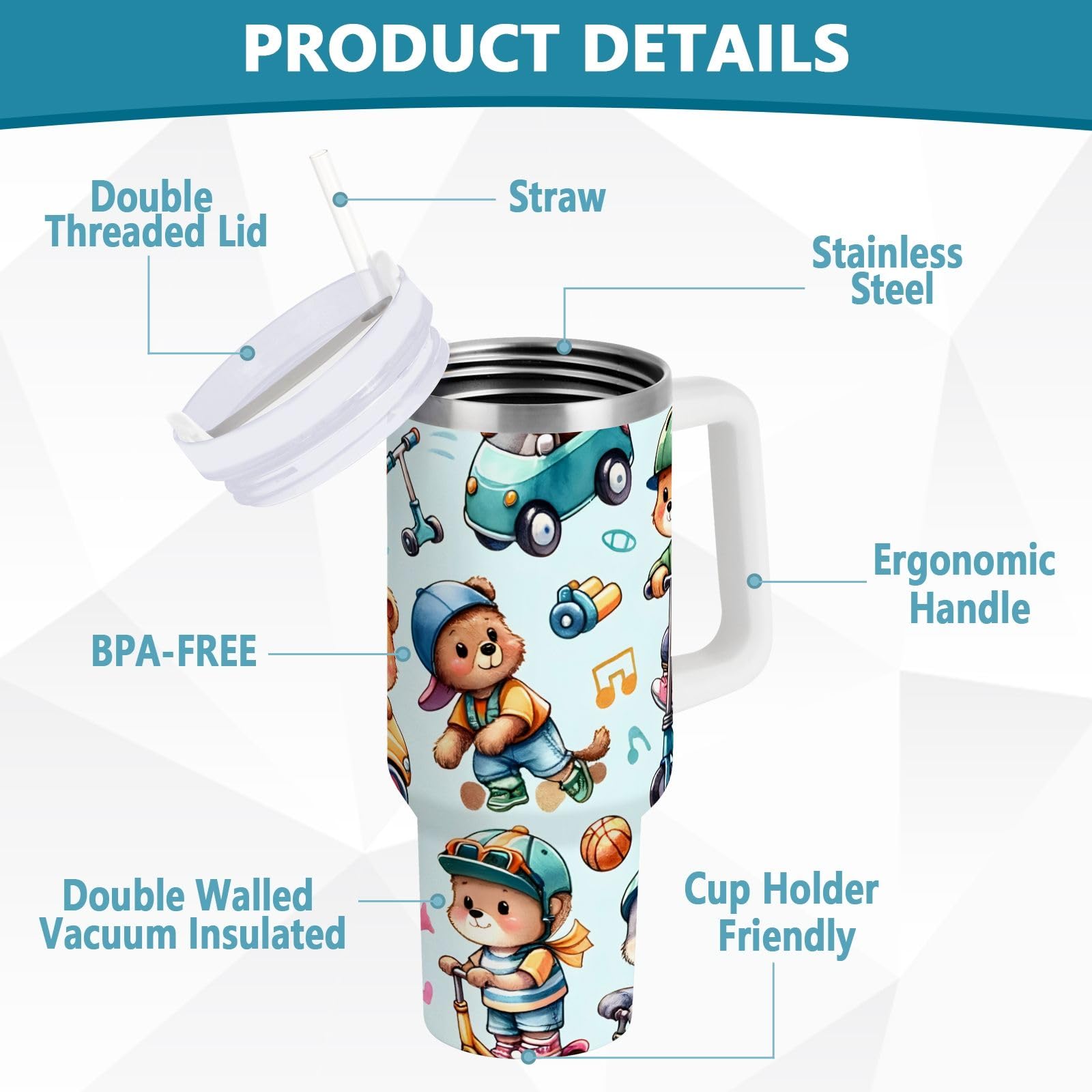 40 oz Cartoon Character Insulated Tumbler with Handle, Stainless Steel Vacuum Water Bottles with Lid and Straw for Water, Iced Tea or Coffee