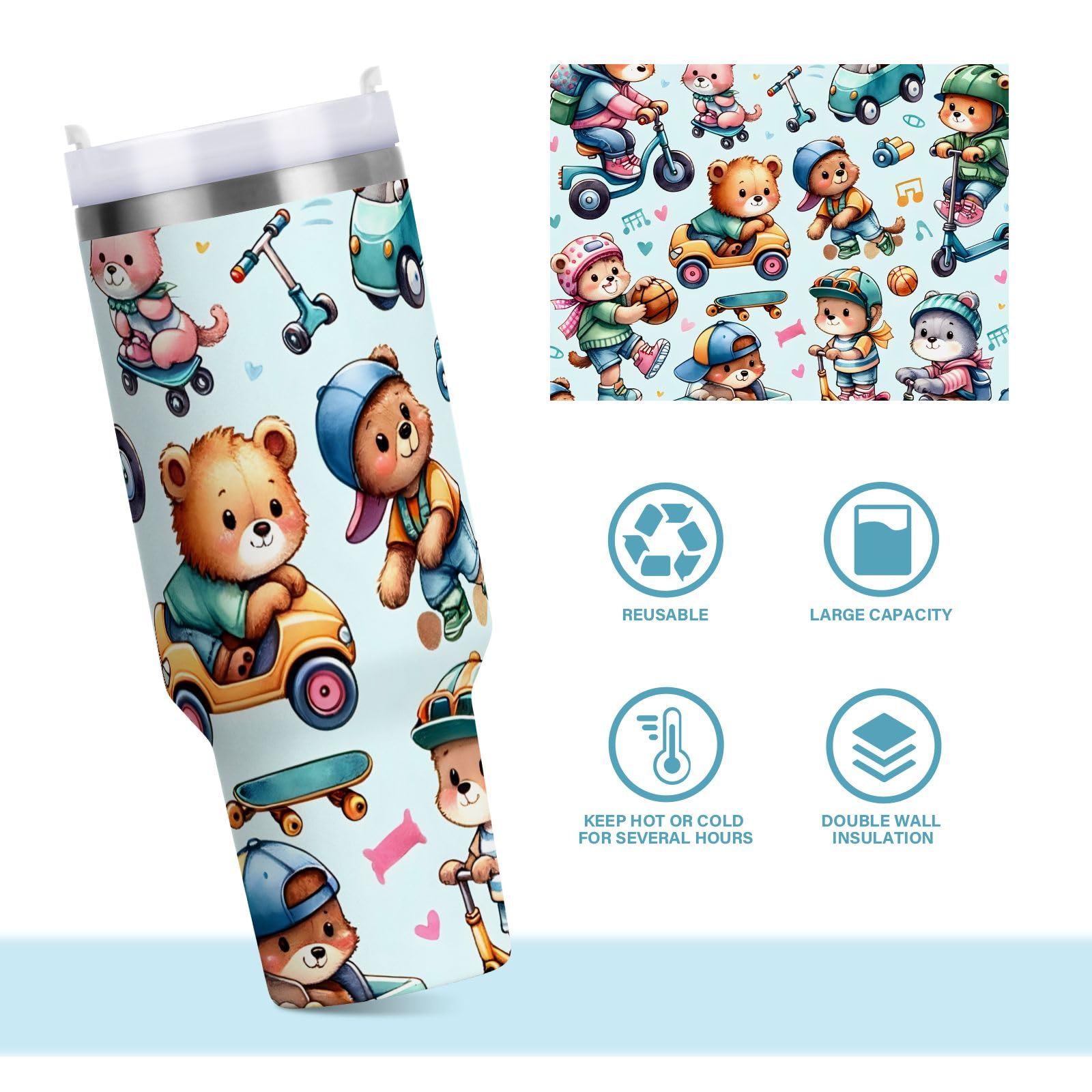40 oz Cartoon Character Insulated Tumbler with Handle, Stainless Steel Vacuum Water Bottles with Lid and Straw for Water, Iced Tea or Coffee