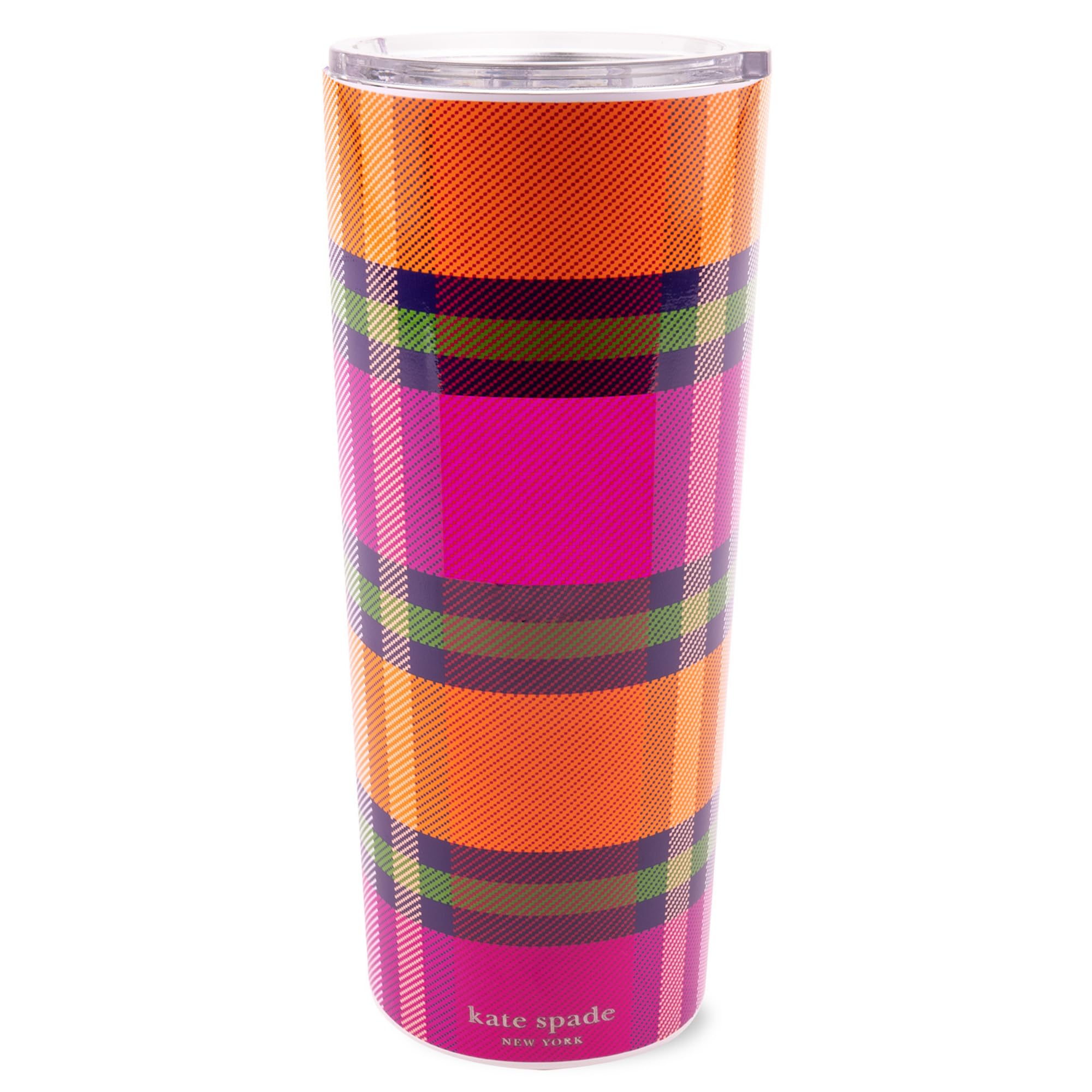 kate spade new york Cute Stainless Steel Mug, 24 Ounce Travel Tumbler, Double Wall Insulated Cup with Lid, Grand Plaid Duo