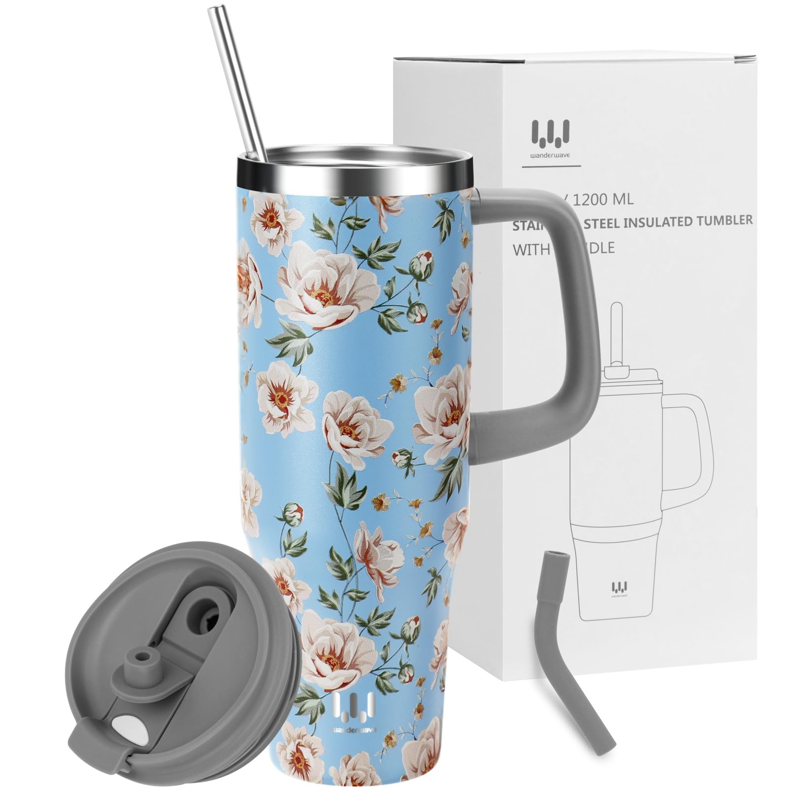 40 oz Insulated Tumbler for Women, Birthday Gifts for Women, Personalized Leakproof Tumblers with Flower, Double-Wall Vacuum Travel Mug with Handle Stainless Steel Straw and silicone sleeves (Blue)