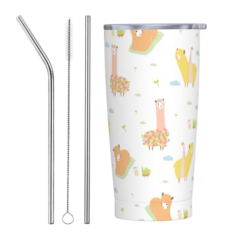 Yaxongx 20oz Tumbler Cute Alpaca Lama Double Wall Vacuum Insulated Coffee Mug with Lid and Metal Straw Brush Reusable Stainless Steel Water Bottle Travel Cup Gifts for Car Ice Drinks Hot Beverage