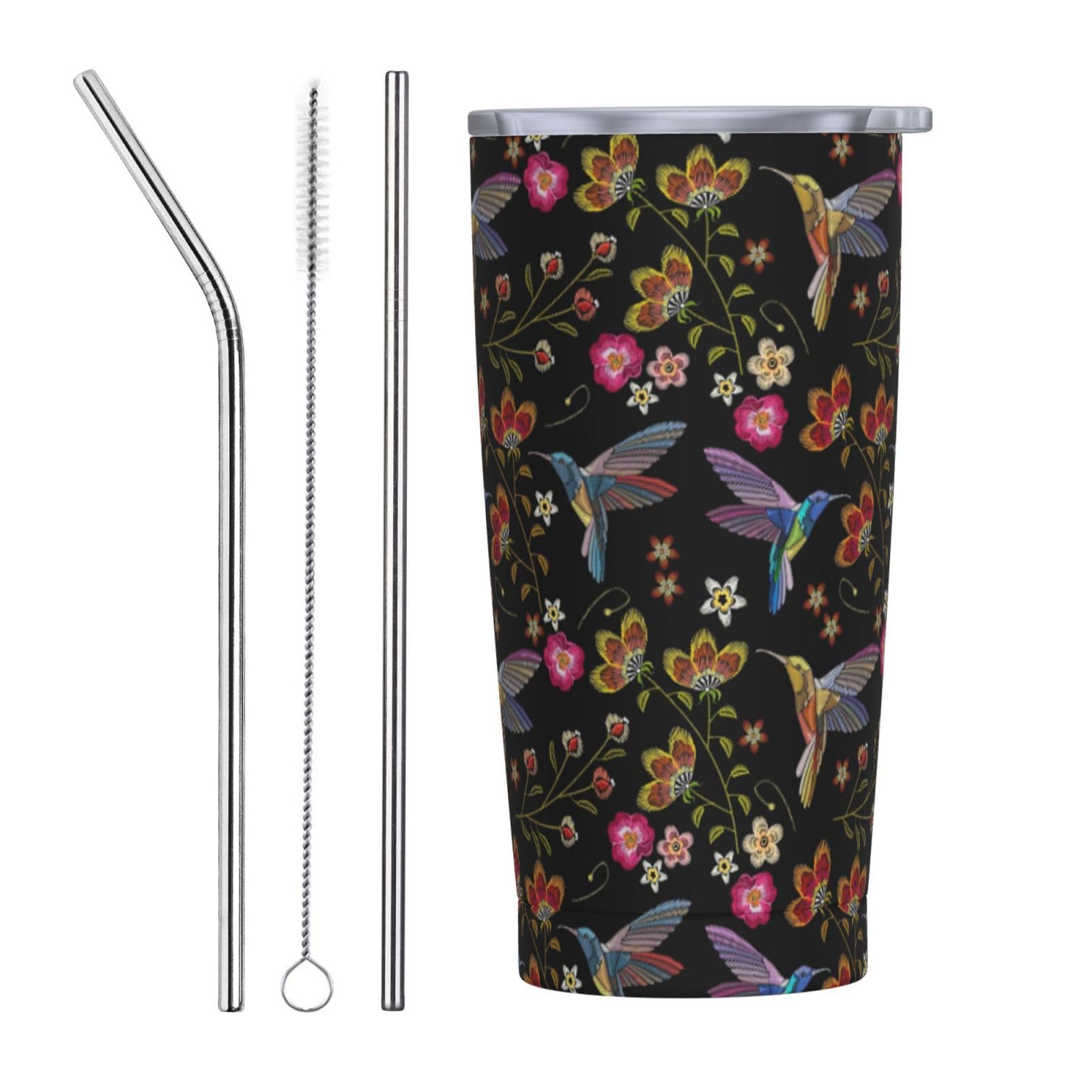 20oz Tumbler Colorful Bird Flowers Double Wall Vacuum Insulated Coffee Mug with Lid and Metal Straw Brush Reusable Stainless Steel Water Bottle Travel Cup Gifts for Car Ice Drinks Hot Beverage