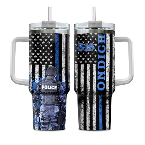 Hyturtle Police Gifts Personalized Thin Blue Line Tumbler US Flag Police Academy Graduation Gifts for Men Cops Officer Retirement 40 Oz Tumbler With Lid And Straw