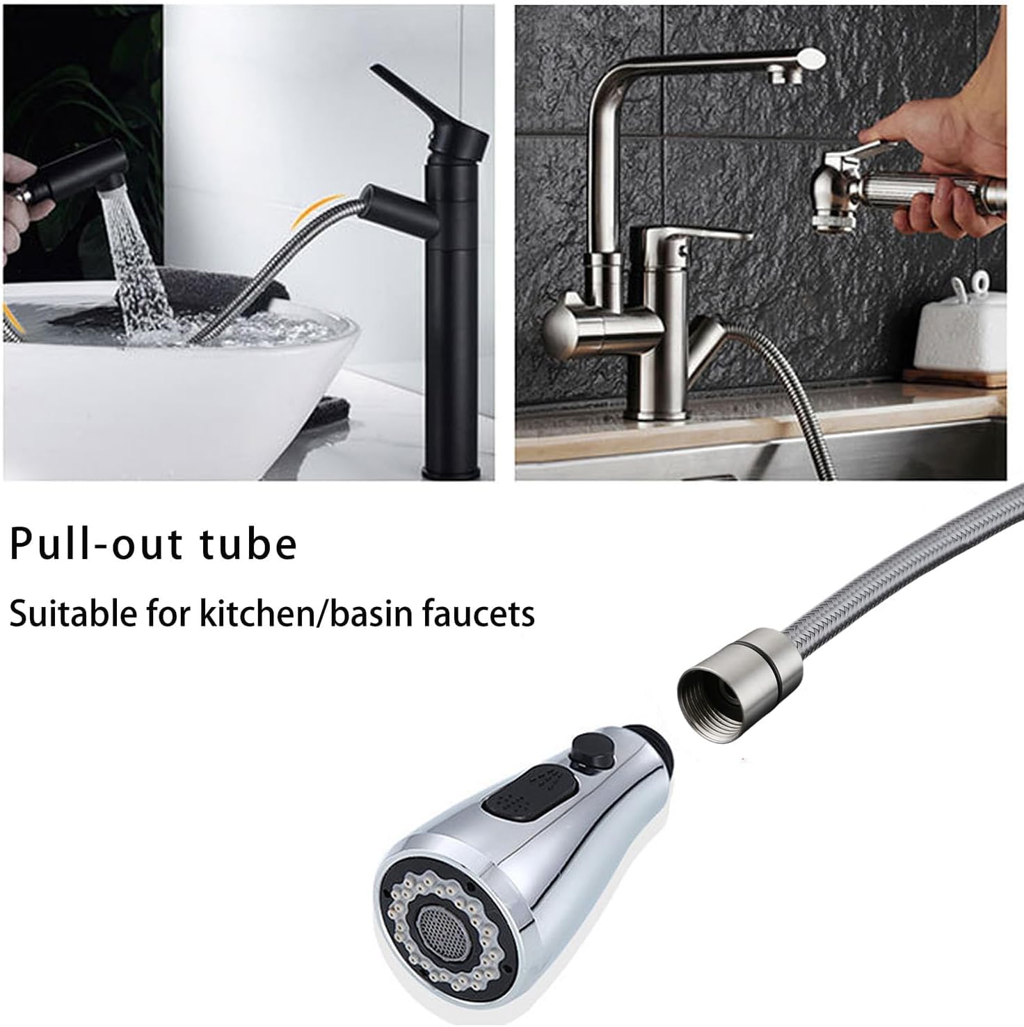 Spray Hose for Kitchen Faucets, Pull Down Replacement, Kitchen Sink Faucet Pull-Out Spray Replacement Hose, 59-inch Chrome Finish