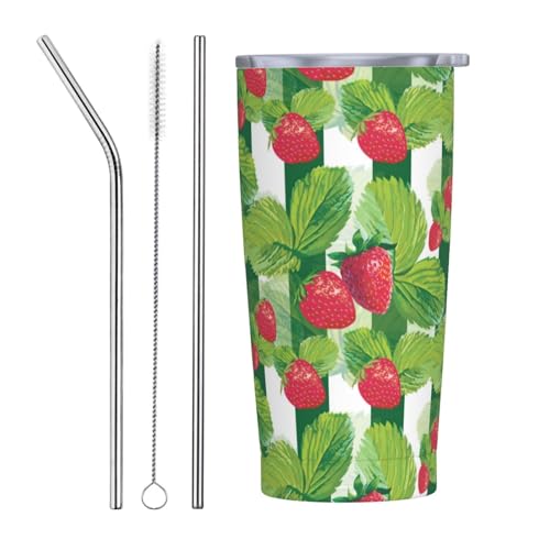 20oz Tumbler Watercolor Fruit Strawberry Double Wall Vacuum Insulated Coffee Mug with Lid and Metal Straw Brush Reusable Stainless Steel Water Bottle Travel Cup Gifts for Car Ice Drinks Hot Beverage