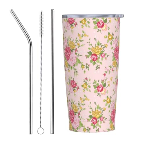 Yaxongx 20oz Tumbler Rose Flower Double Wall Vacuum Insulated Coffee Mug with Lid and Metal Straw Brush Reusable Stainless Steel Water Bottle Travel Cup Gifts for Car Ice Drinks Hot Beverage