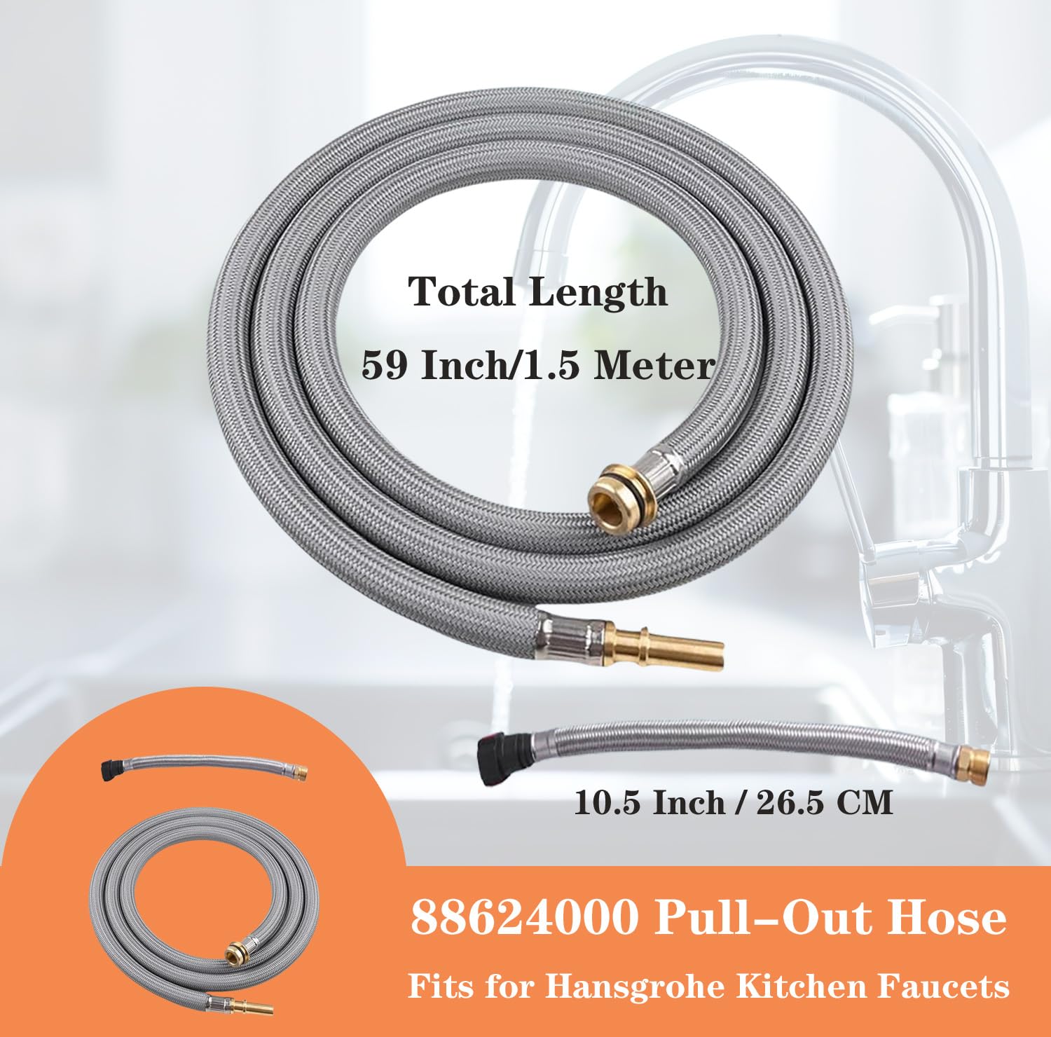 88624000 Pull-out Hose Replacement for Hansgrohe Kitchen Faucets with Brass Connectors, Pull Down Faucet Spray Hose Parts, 59-Inch + 10.5-Inch