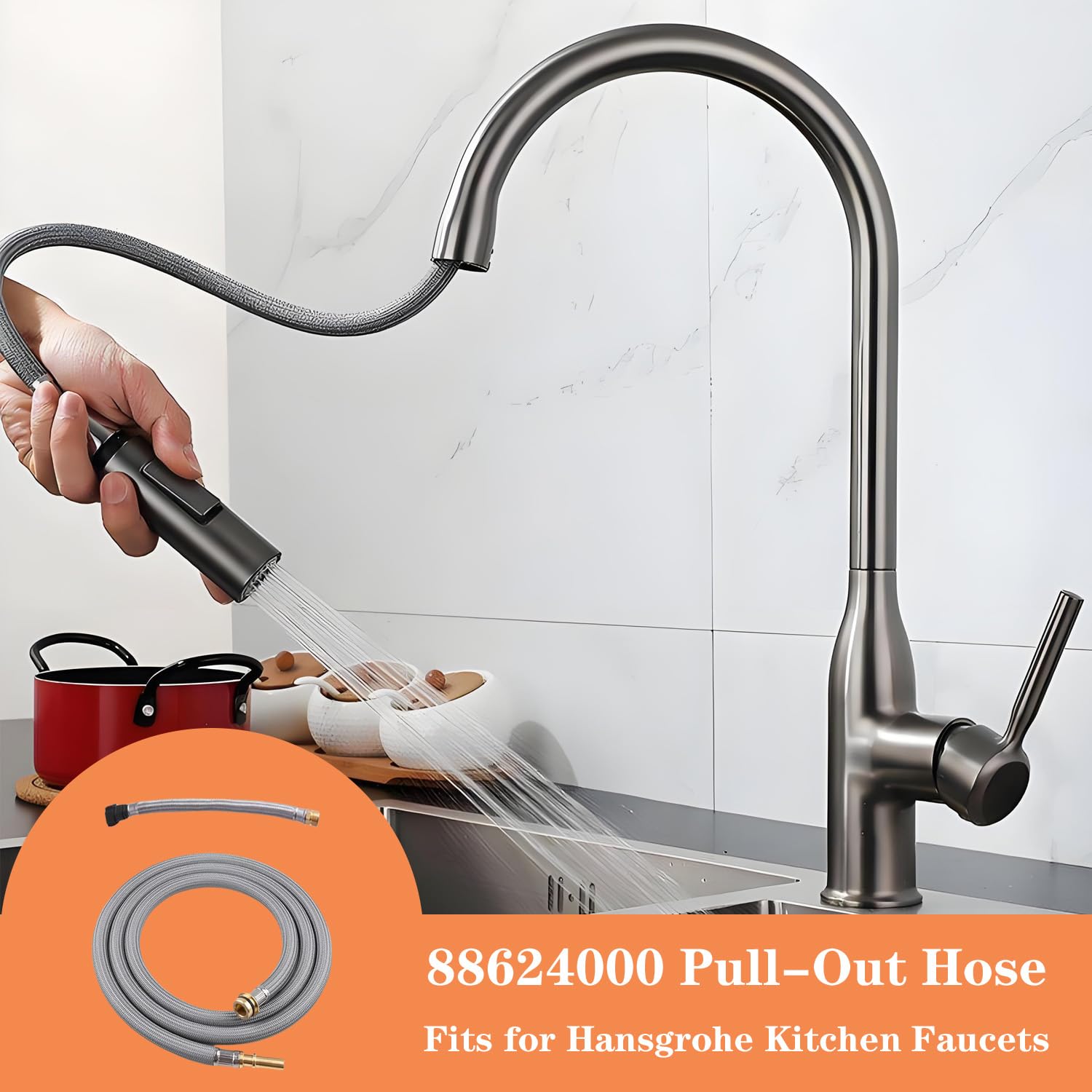 88624000 Pull-out Hose Replacement for Hansgrohe Kitchen Faucets with Brass Connectors, Pull Down Faucet Spray Hose Parts, 59-Inch + 10.5-Inch