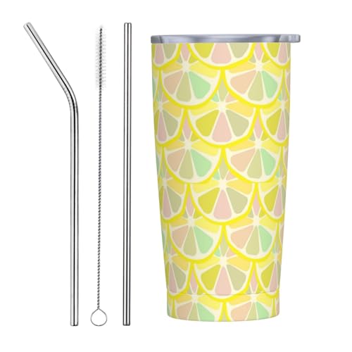 Yaxongx 20oz Tumbler Summer Fruit Lemon Double Wall Vacuum Insulated Coffee Mug with Lid and Metal Straw Brush Reusable Stainless Steel Water Bottle Travel Cup Gifts for Car Ice Drinks Hot Beverage