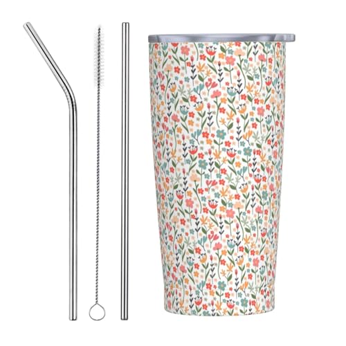 Yaxongx 20oz Tumbler Cartoon Beautiful Flower Field Double Wall Vacuum Insulated Coffee Mug with Lid and Metal Straw Brush Reusable Stainless Steel Water Bottle Travel Cup Gifts for Car