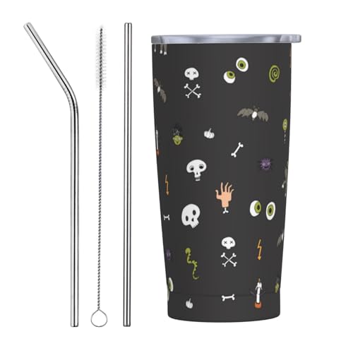 20oz Tumbler Halloween Skull Bat Cat Double Wall Vacuum Insulated Coffee Mug with Lid and Metal Straw Brush Reusable Stainless Steel Water Bottle Travel Cup Gifts for Car Ice Drinks Hot Beverage