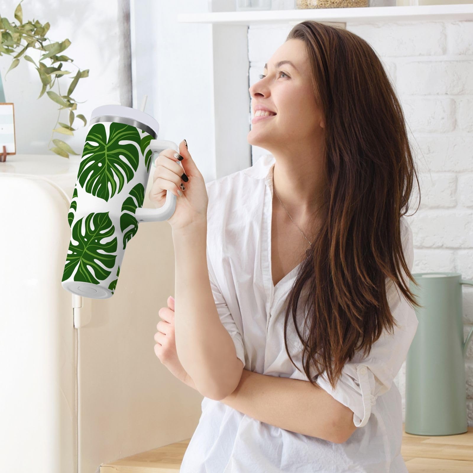 40 oz Green Monstera Leaf Insulated Tumbler with Handle, Stainless Steel Vacuum Water Bottles with Lid and Straw for Water, Iced Tea or Coffee