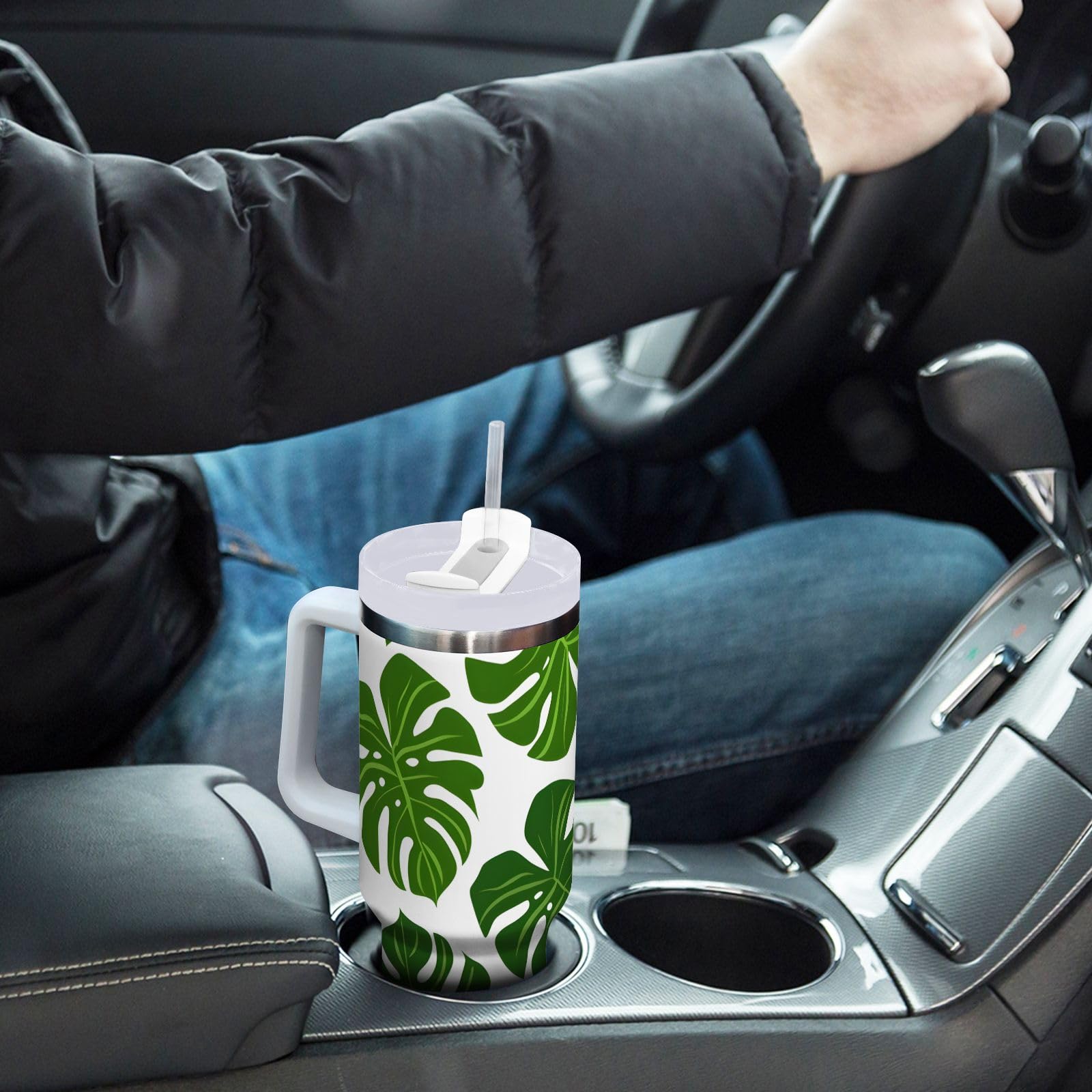 40 oz Green Monstera Leaf Insulated Tumbler with Handle, Stainless Steel Vacuum Water Bottles with Lid and Straw for Water, Iced Tea or Coffee