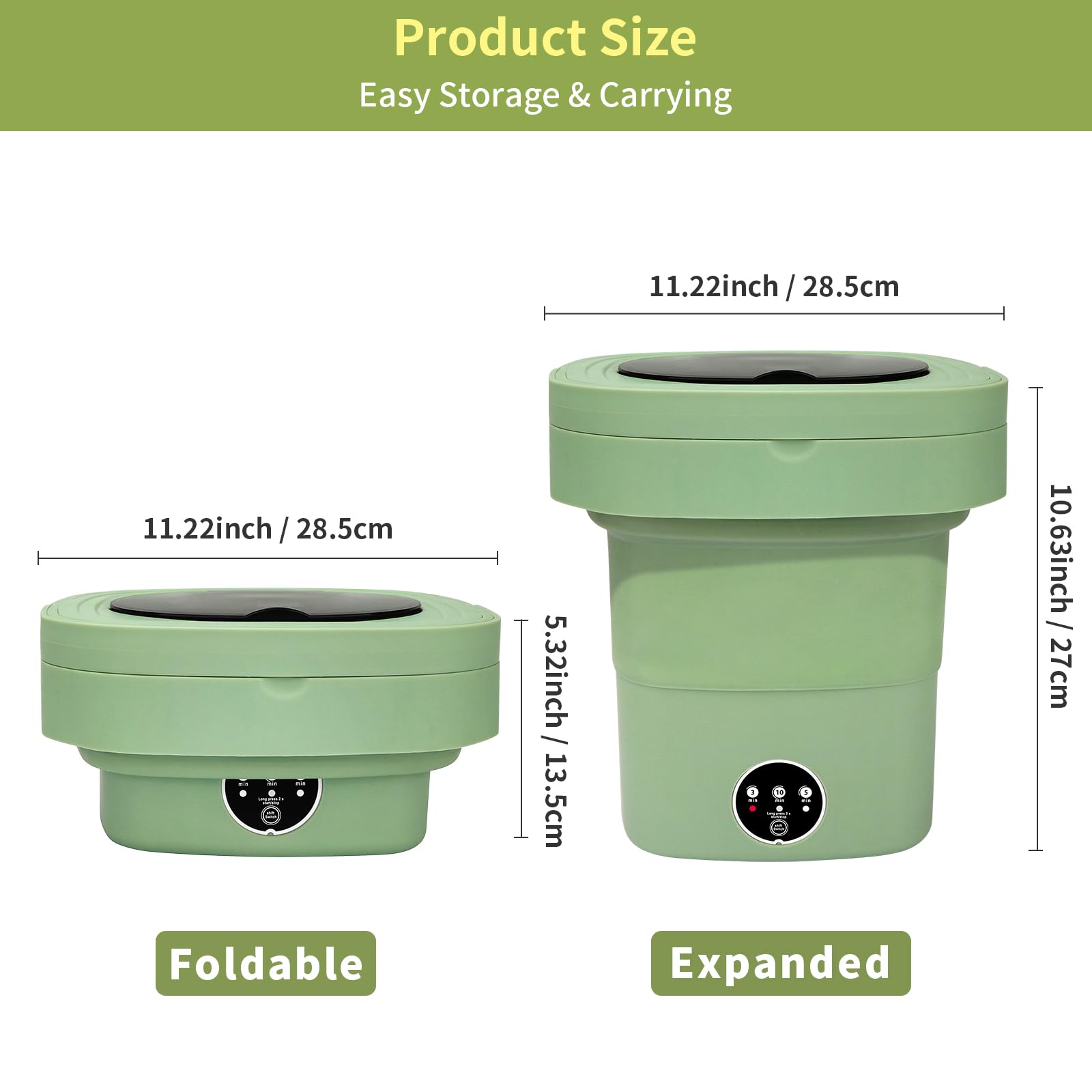 Portable Washing Machine,11L Mini Portable Washer With 3 Modes Deep Cleaning,Folding Washer of Underwear &Baby Clothes,Foldable Small Washing Machine for Apartment, Rv, Travel, Camping,Green