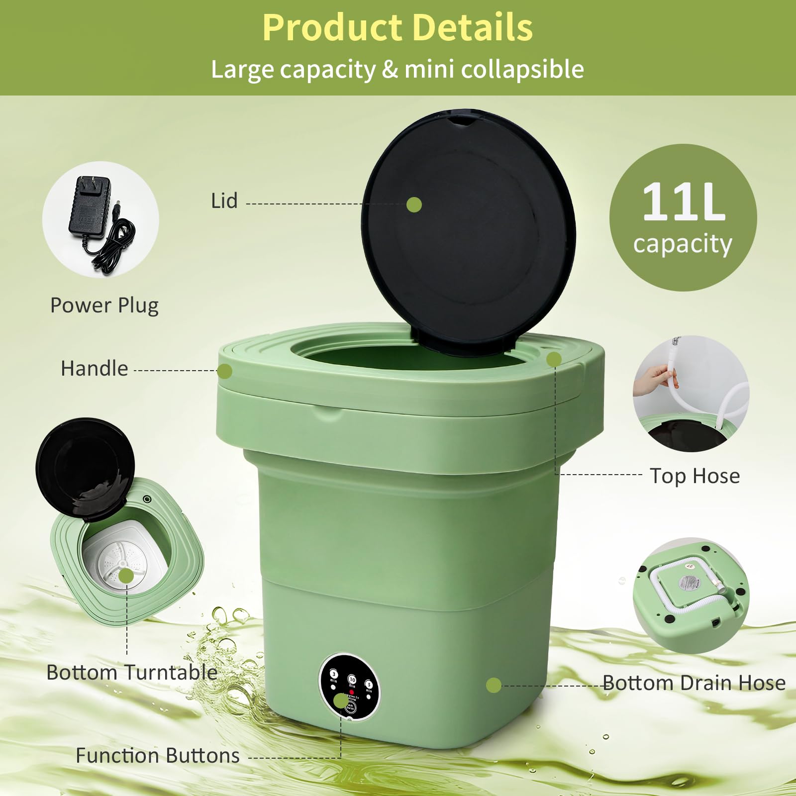 Portable Washing Machine,11L Mini Portable Washer With 3 Modes Deep Cleaning,Folding Washer of Underwear &Baby Clothes,Foldable Small Washing Machine for Apartment, Rv, Travel, Camping,Green