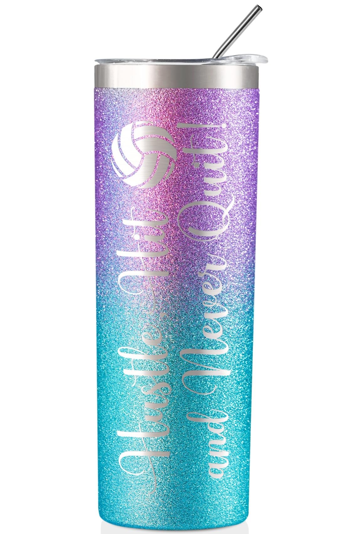 Onebttl Volleyball Gifts for Teen Girls & Team, Stainless Steel Kids Volleyball Tumbler, Double Wall Vacuum Insulated Bottle with Lid and Straw 20oz - Never Quit (Glitter Purple Blue)