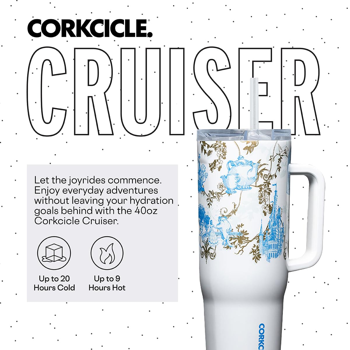 Corkcicle x Disney Princess Belle Cruiser Insulated Tumbler with Handle & Straw - 40 oz Reusable Water Bottle Keeps Beverages Cold for 20 Hrs, Hot for 9 Hrs β Cupholder Friendly, Spill Proof Tumbler