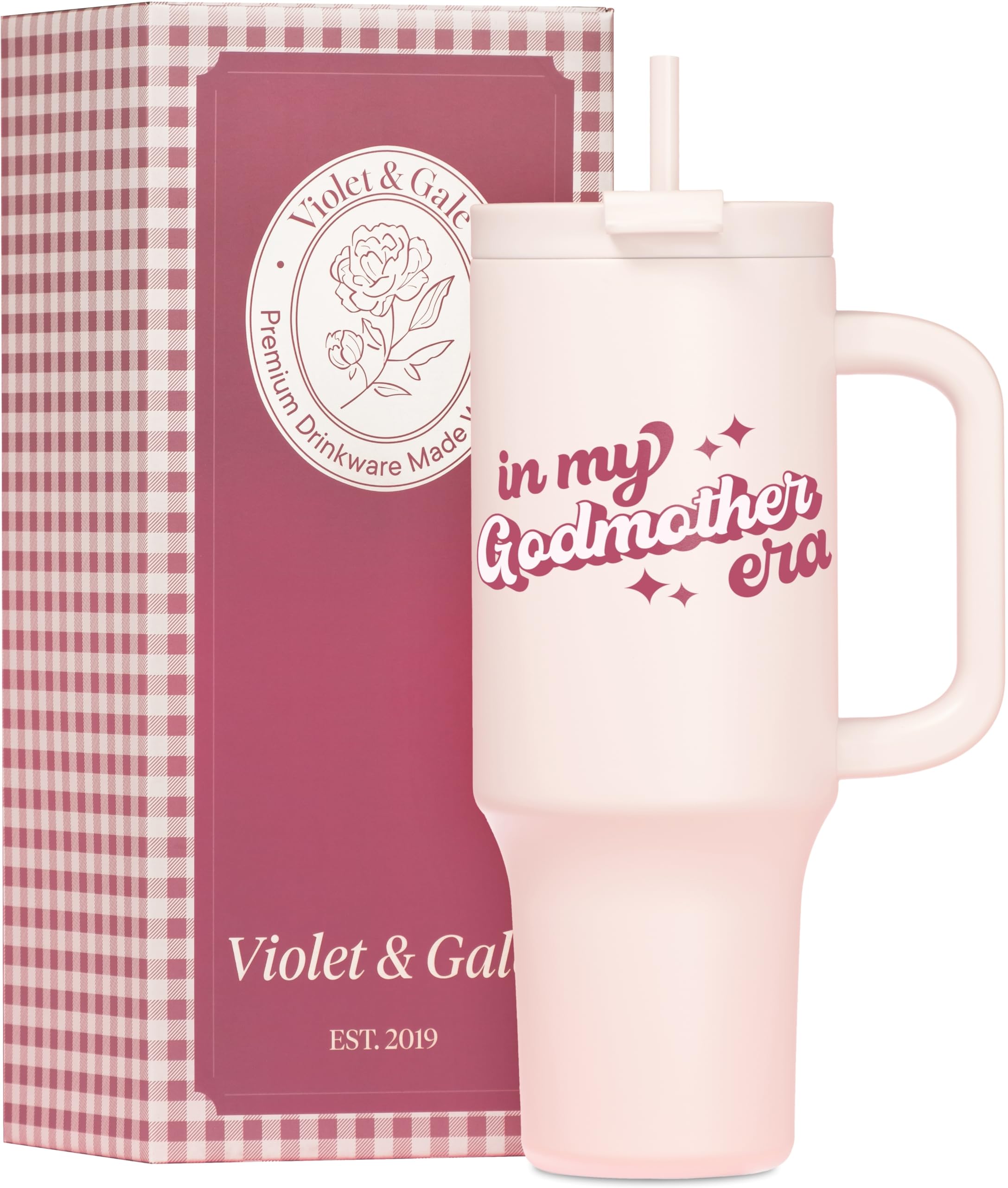 VIOLET & GALE Godmother Gifts From Godchild - Retro Collection - 40oz Insulated Tumbler with Handle, Godmothers Proposal Gift, In My Godmom Era Cup Water Bottle Coffee Mug