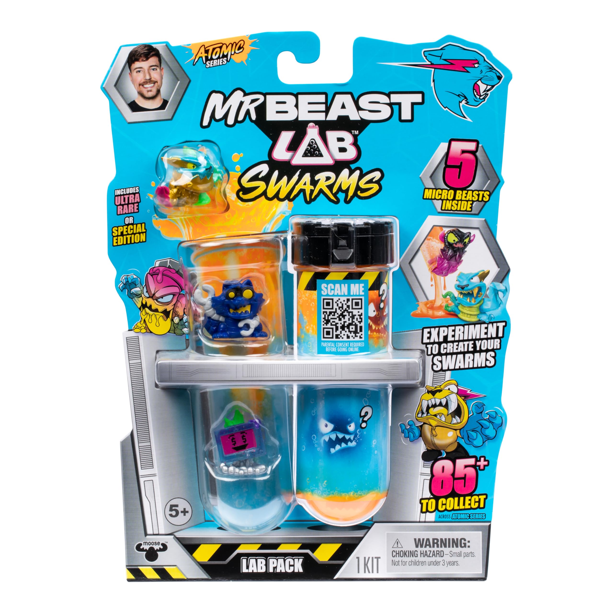 MrBeast Lab Swarms Series 2, Atomic Series Lab 5 Pack, Experiment by Adding Water, Shaking The Test Tube and Reveal 2 of The 5, 1 Inch / 2.5 cm MrBeast Themed Swarms Collectible Micro Beasts