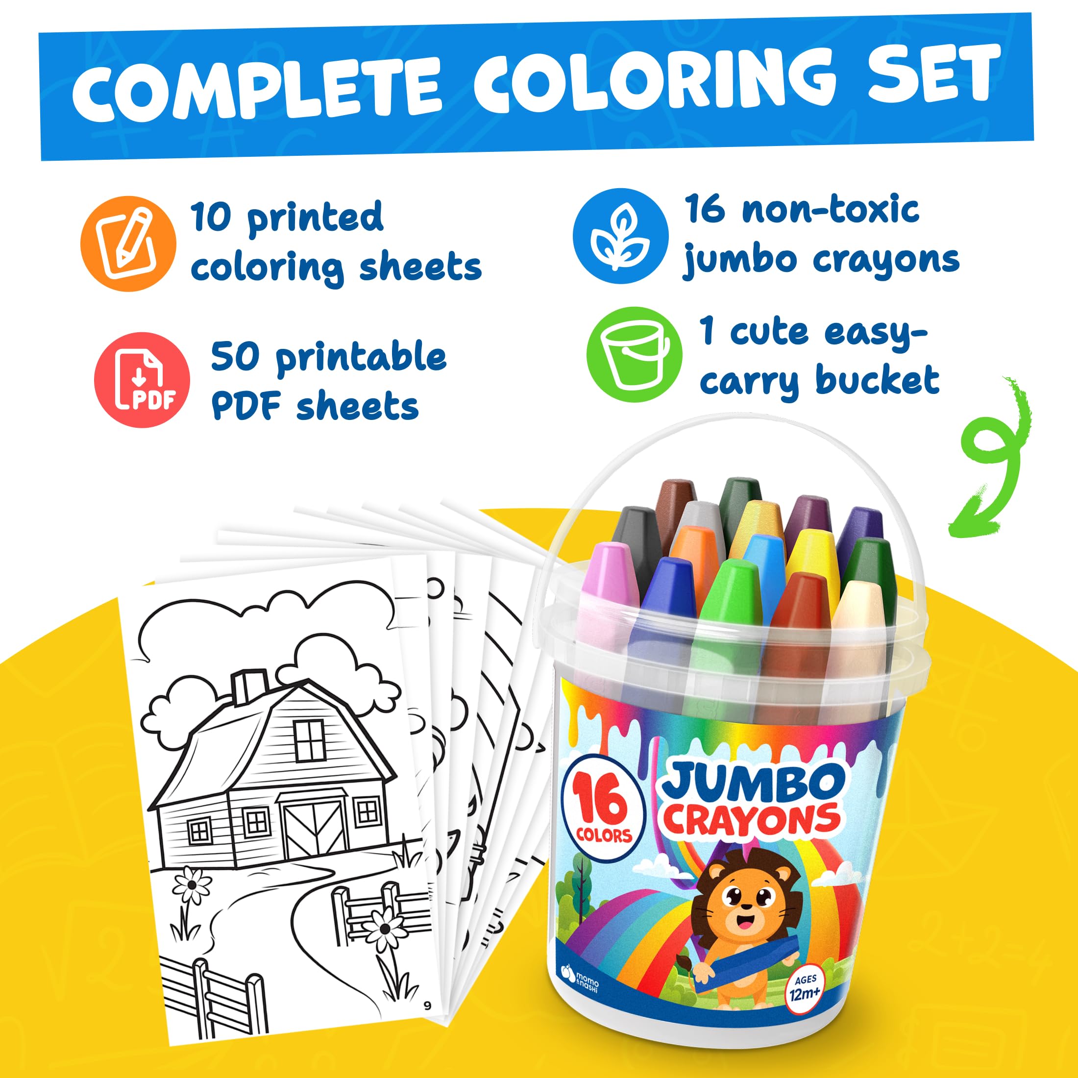 Jumbo Crayons For Toddlers 1-3 - 16pc Toddler Crayons For Kids Ages 4-8 1-3 2-4 - Easter Basket Essentials With Printed & PDF Color Sheets - Non Toxic, Washable Easter Basket Stuffers For Toddlers