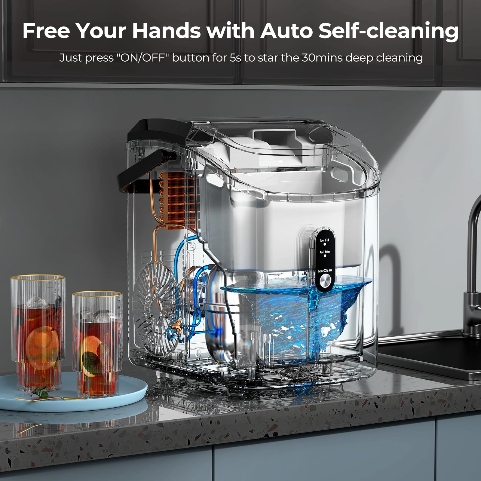 Nugget Ice Makers Countertop with Soft Chewable Pellet Ice, Stainless Steel Black, 7Mins Ice Making, 35.5Lbs/24Hrs, Pebble Ice Maker with Self-Cleaning/Basket/Scoop for Home/Office/Bar