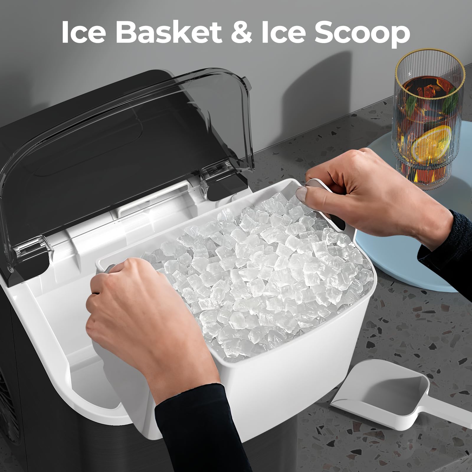Nugget Ice Makers Countertop with Soft Chewable Pellet Ice, Stainless Steel Black, 7Mins Ice Making, 35.5Lbs/24Hrs, Pebble Ice Maker with Self-Cleaning/Basket/Scoop for Home/Office/Bar