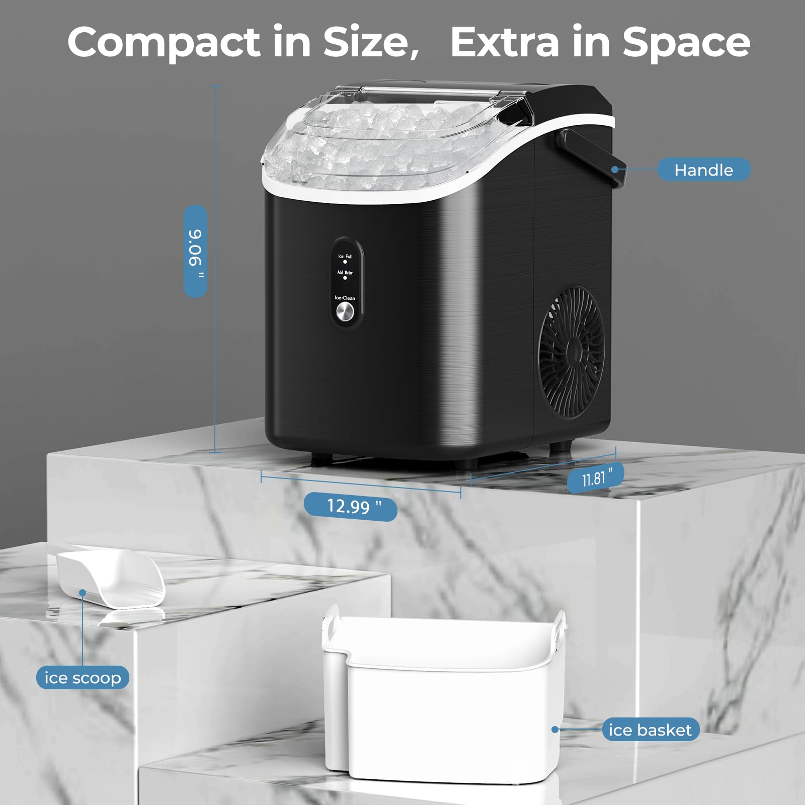 Nugget Ice Makers Countertop with Soft Chewable Pellet Ice, Stainless Steel Black, 7Mins Ice Making, 35.5Lbs/24Hrs, Pebble Ice Maker with Self-Cleaning/Basket/Scoop for Home/Office/Bar