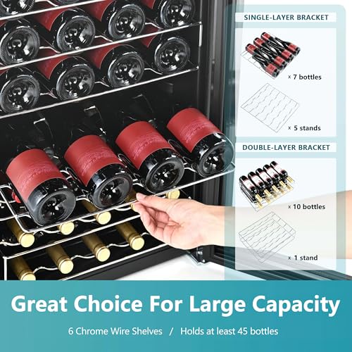EUHOMY 45 Bottle Wine Cooler Refrigerator, Small Built-in Wine Fridge for Red, White and Champagne, 4.5 Cu.ft Mini Fridge with Adjust Temperature, Black